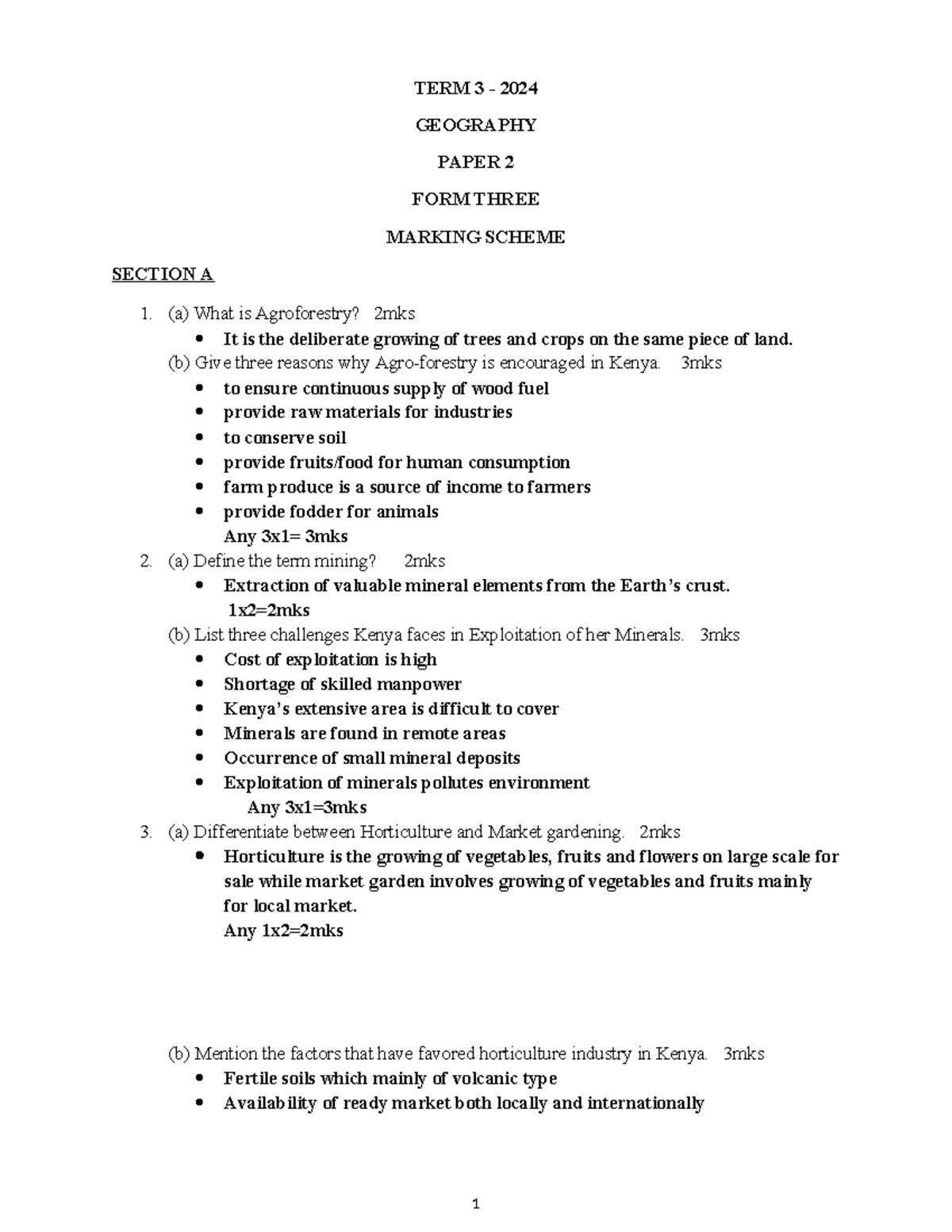 F3 Geography Paper 2 MS - Exam material - TERM 3 - 2024 GEOGRAPHY PAPER ...