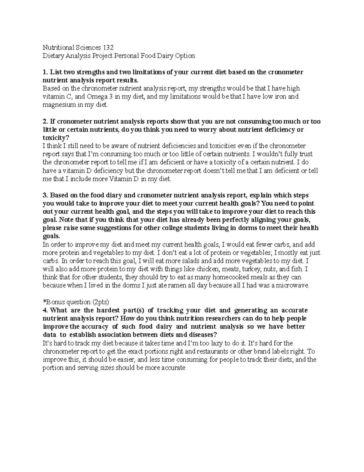 Assignment 4 - Nutritional Sciences 132 Dietary Analysis Project ...