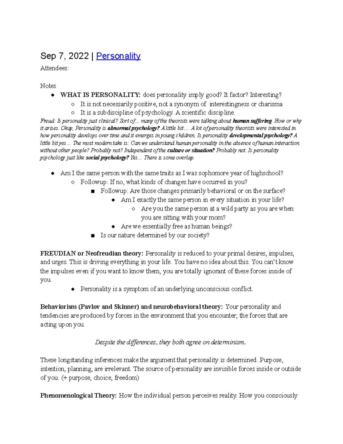Notes - Personality - Sep 7, 2022 | Personality Attendees: Notes WHAT ...