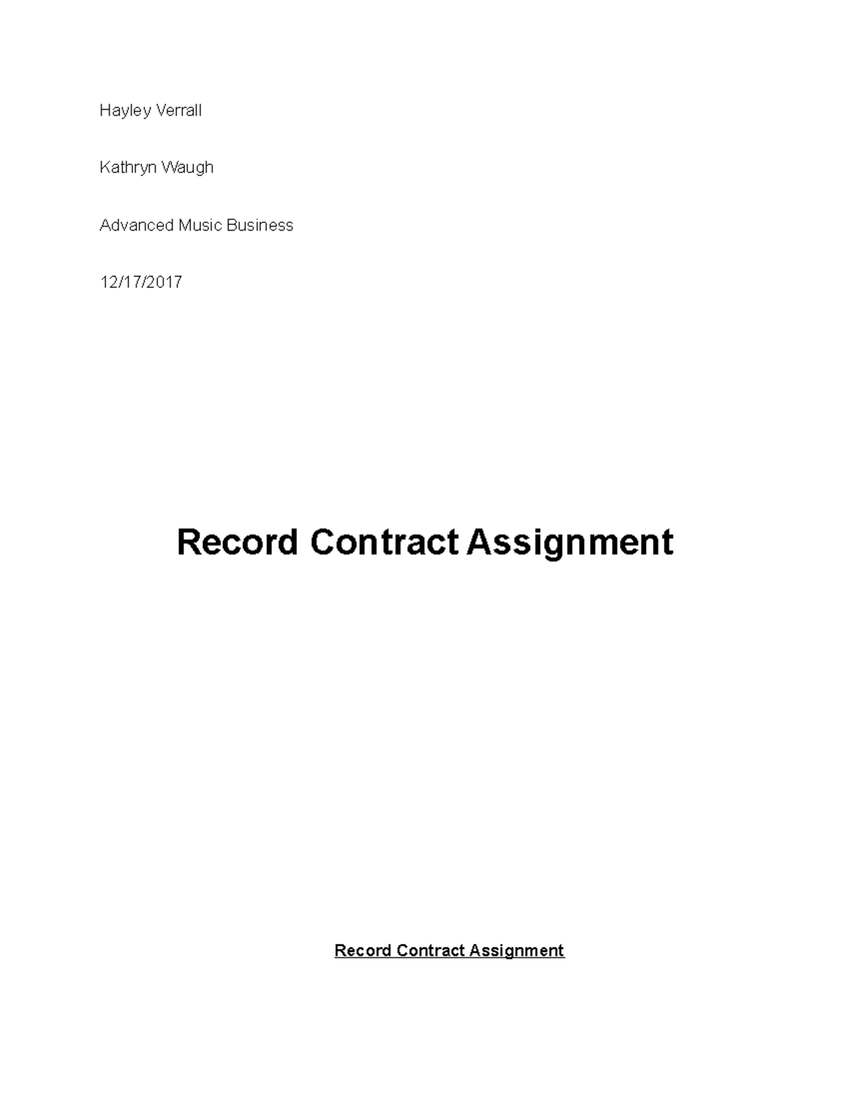 Record Contract Assignment - Hayley Verrall Kathryn Waugh Advanced ...