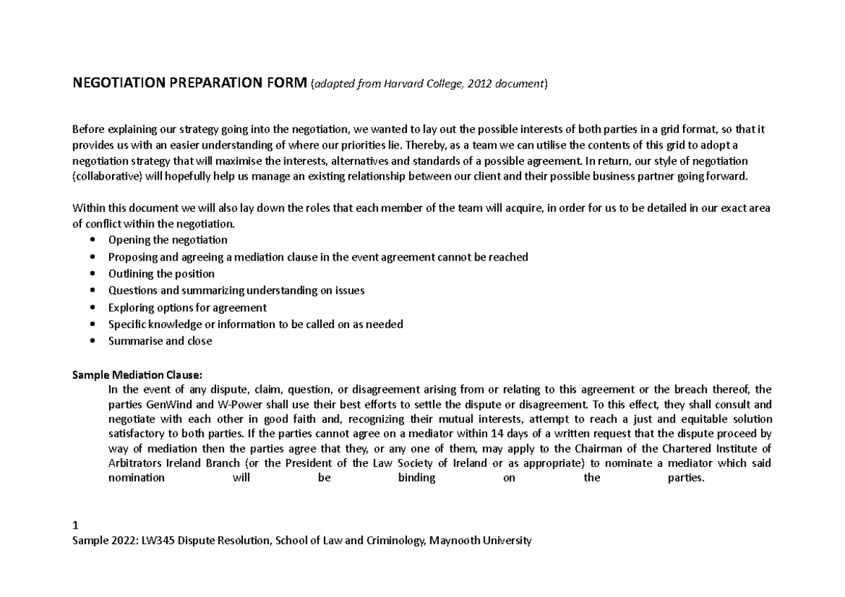 Negotiation Preparation Document 2022 - NEGOTIATION PREPARATION FORM ...