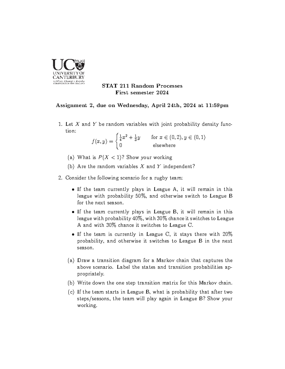 Statassignment 2 Assignmetn 2 2024 Stat 211 Random Processes First Semester 2024 Assignment