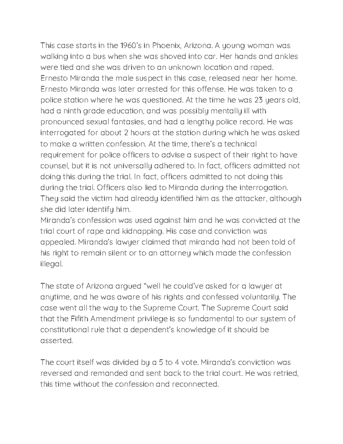 Miranda vs Arizona - Assignment I did on Supreme Court Case - This case ...