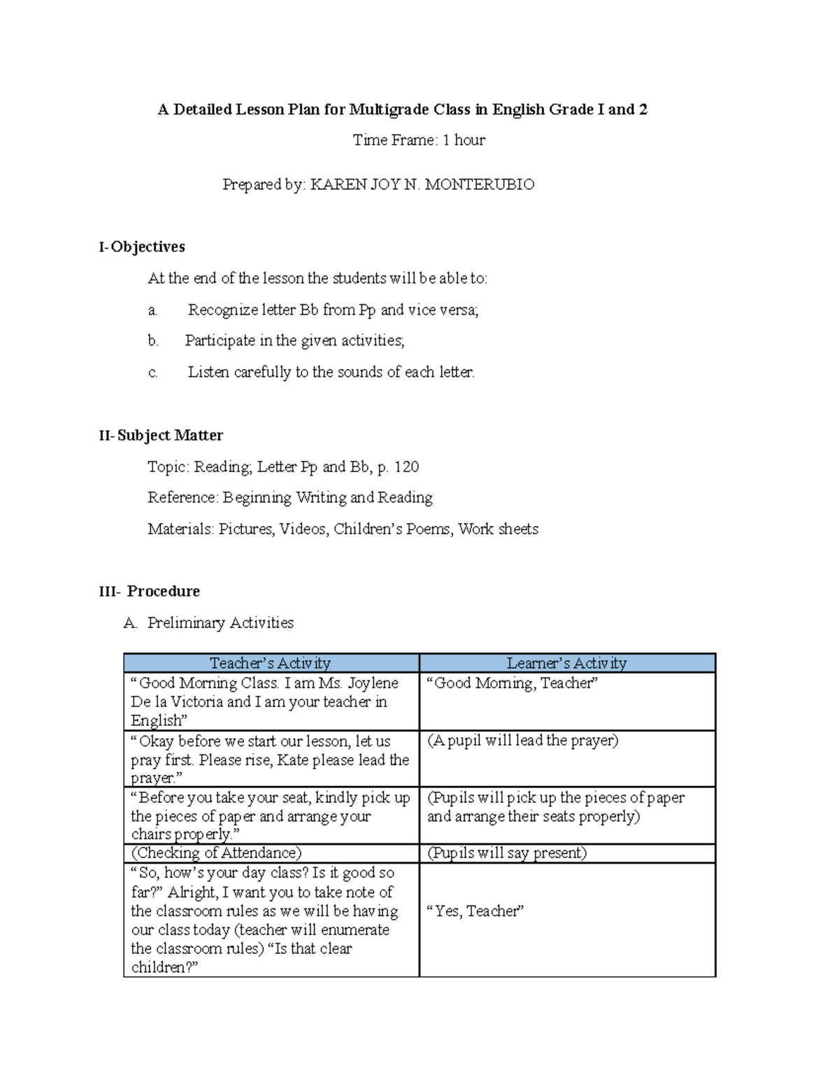A Detailed Lesson Plan for Multigrade Class in English - MONTERUBIO I ...