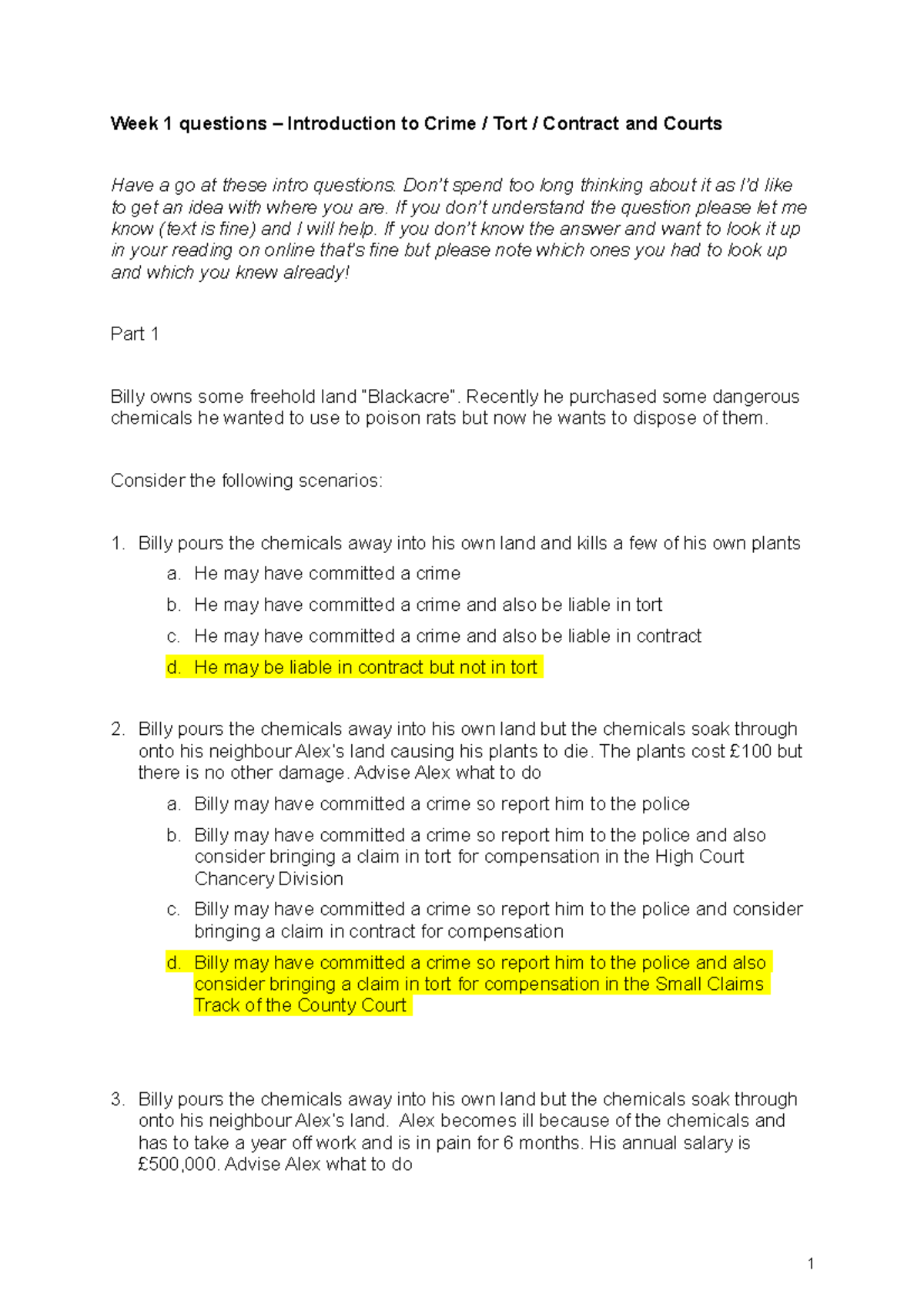 Week 1 answers Introduction to Crime Tort Contract and Courts - Week 1 ...