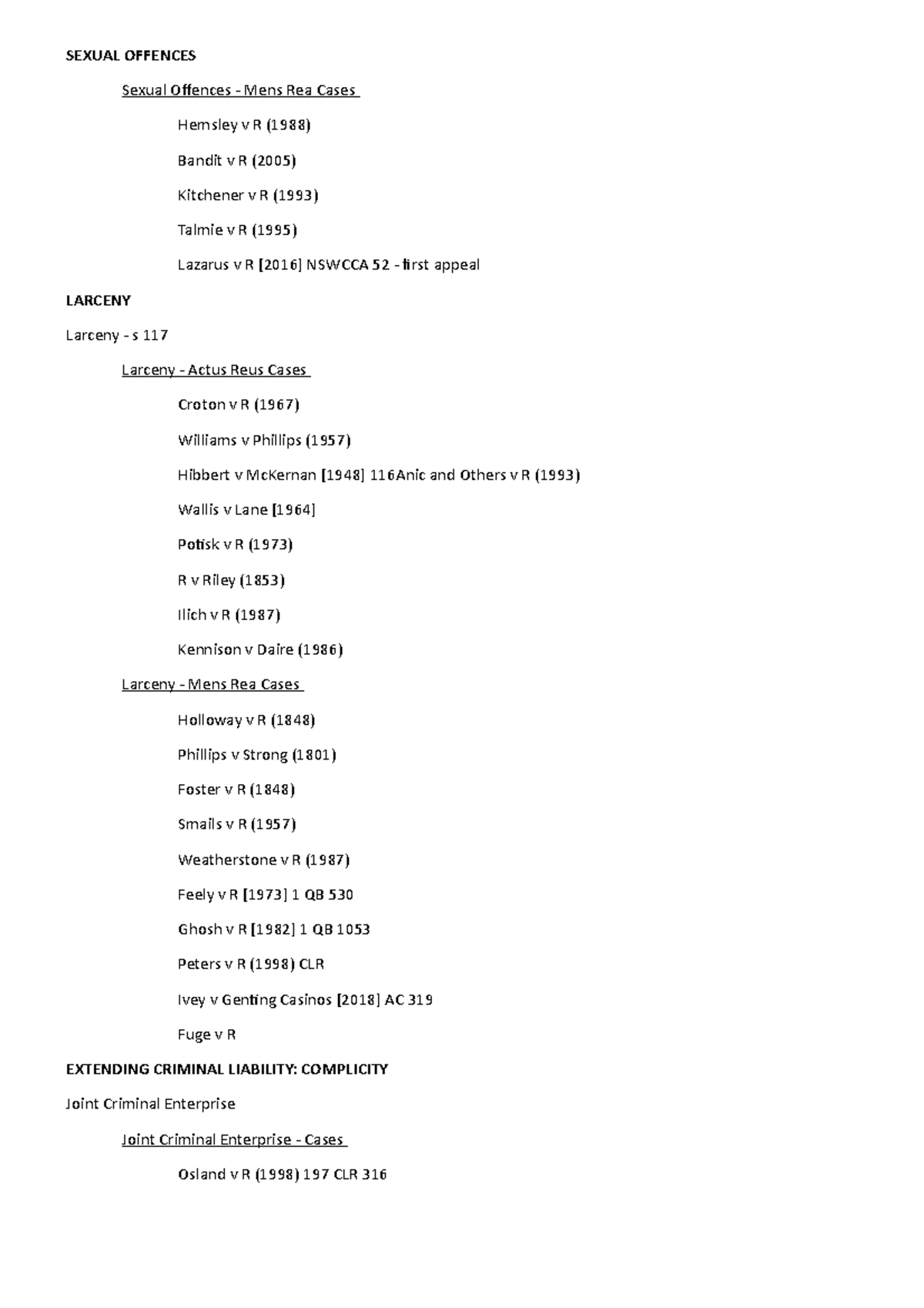 List of case name Sex offences Larceny and Complicity - SEXUAL OFFENCES ...
