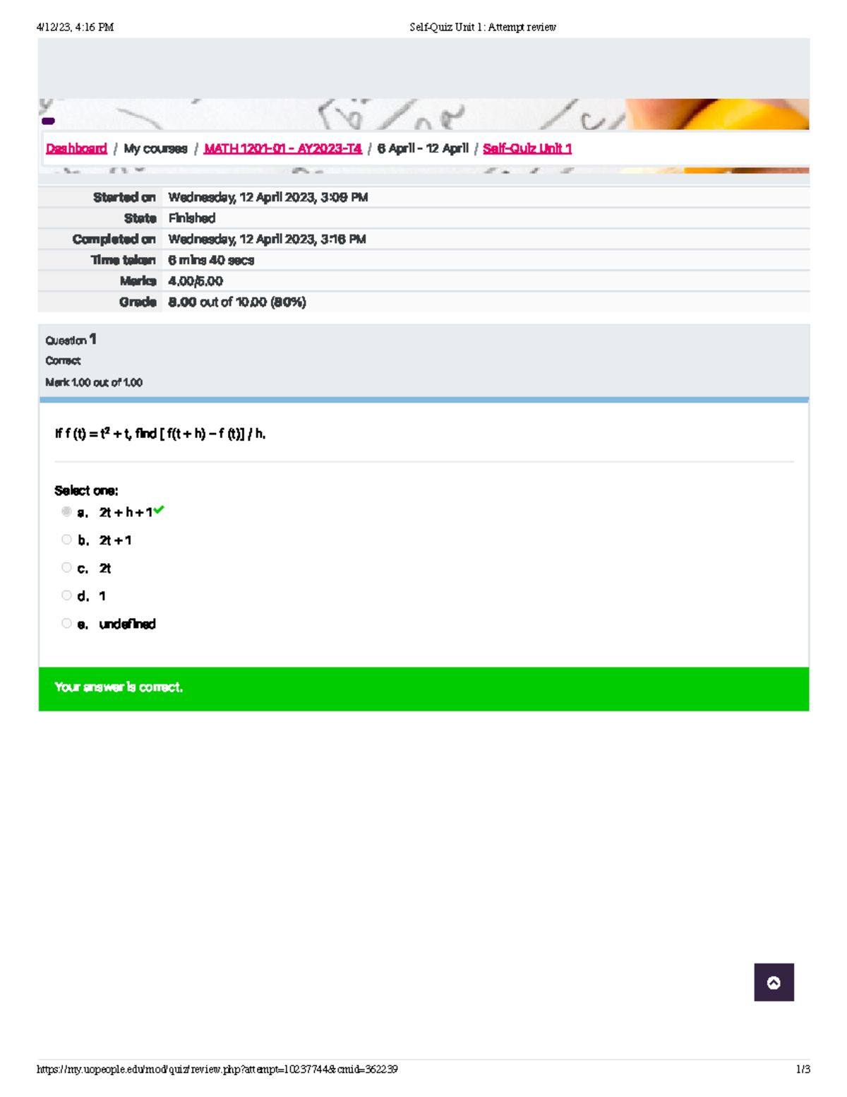 Self-Quiz Unit 1 Attempt review 1 - 4/12/23, 4:16 PM Self-Quiz Unit 1: Attempt review - Studocu