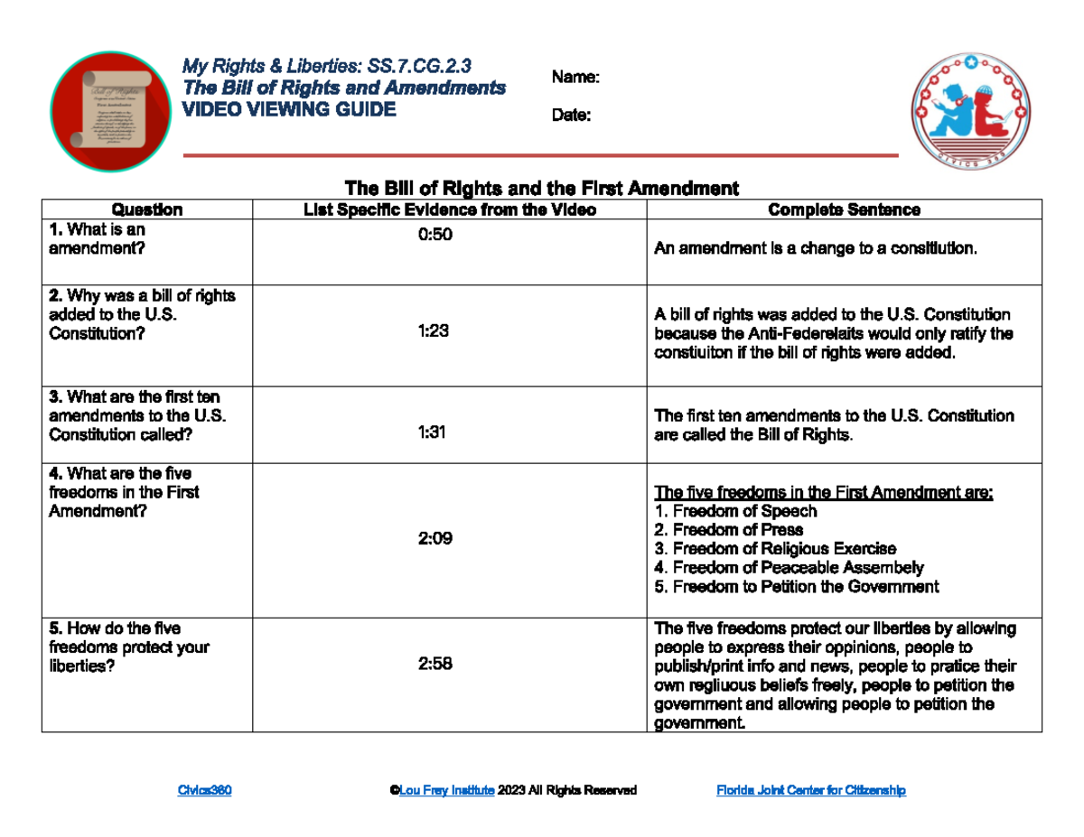 CG - Bill Of Rights And First Amendment Viewing Guide - My Rights ...