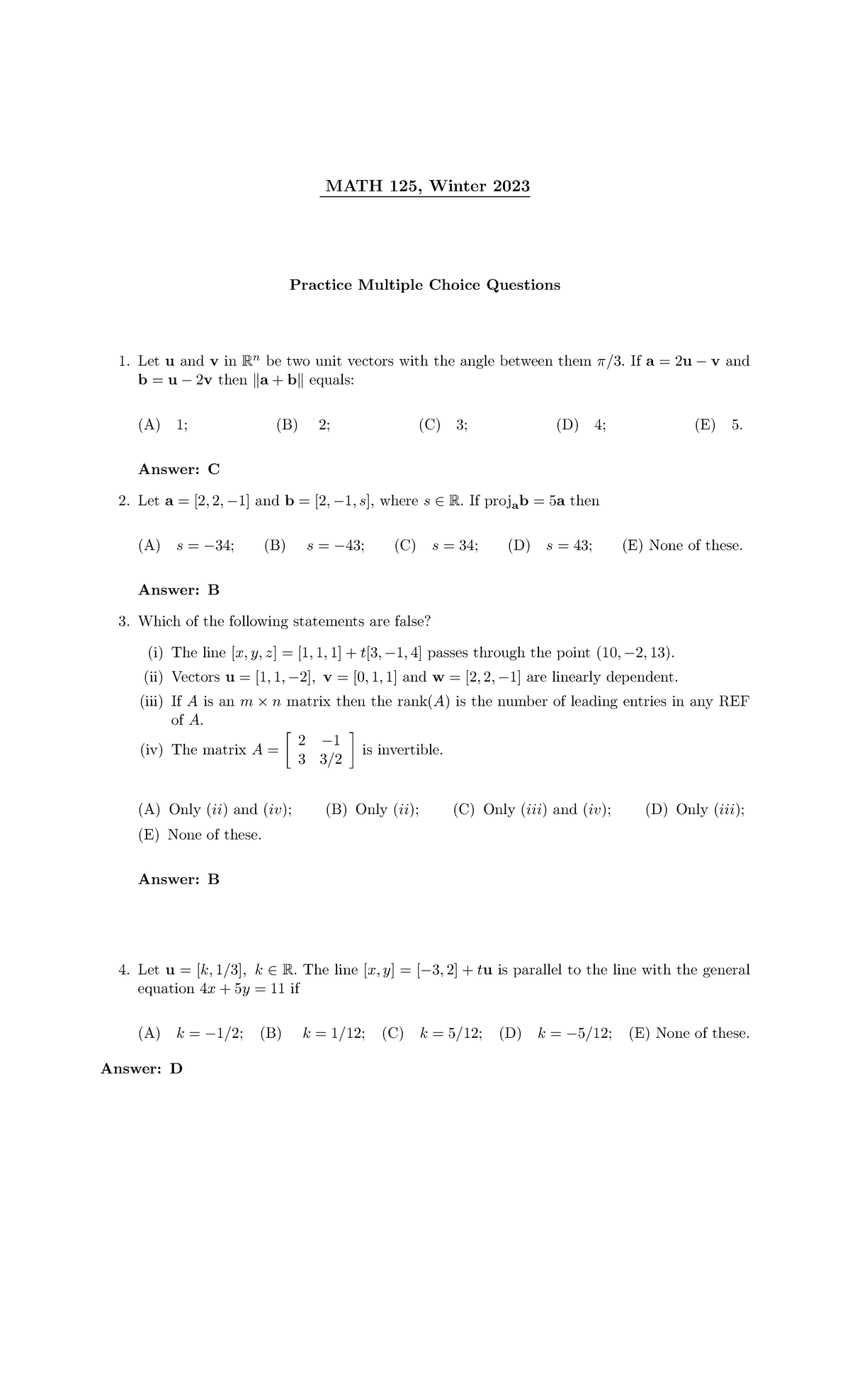Multiple Choice Quiestions-Sample Answers - MATH 125, Winter 2023 ...