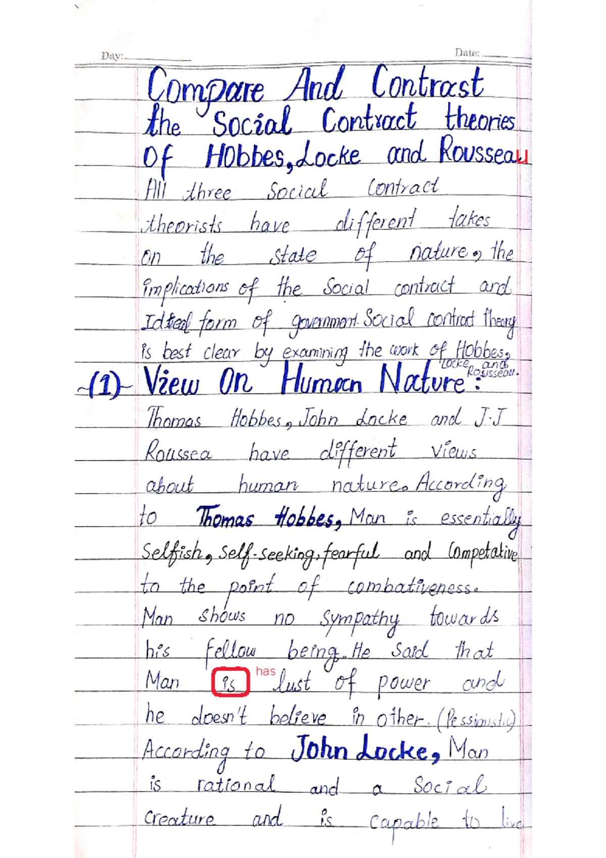 Comparison between Locke John and Rousseau - Day: Date: Compare And ...