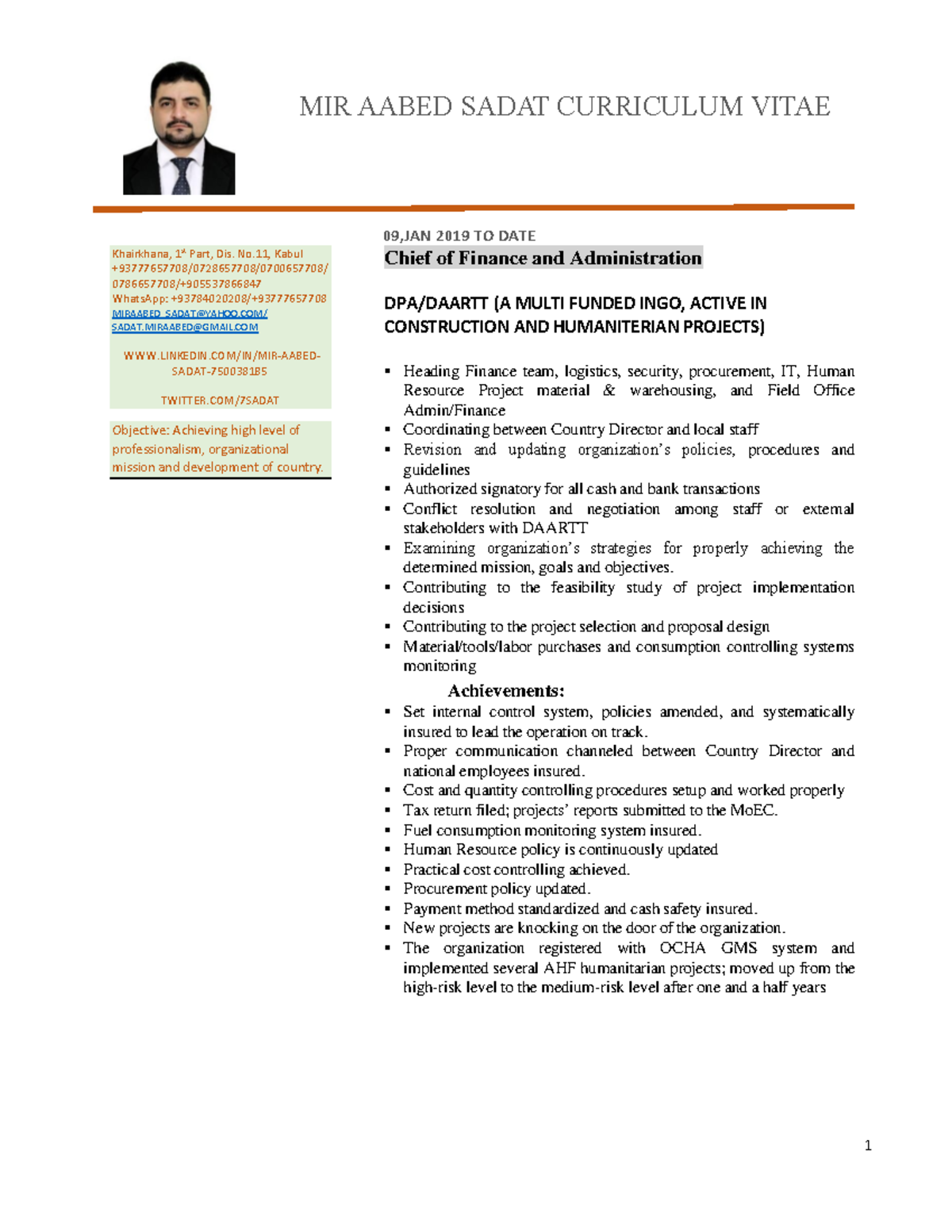 Sadat CV- updated -2022 - MIR AABED SADAT CURRICULUM VITAE 09,JAN 2019 ...