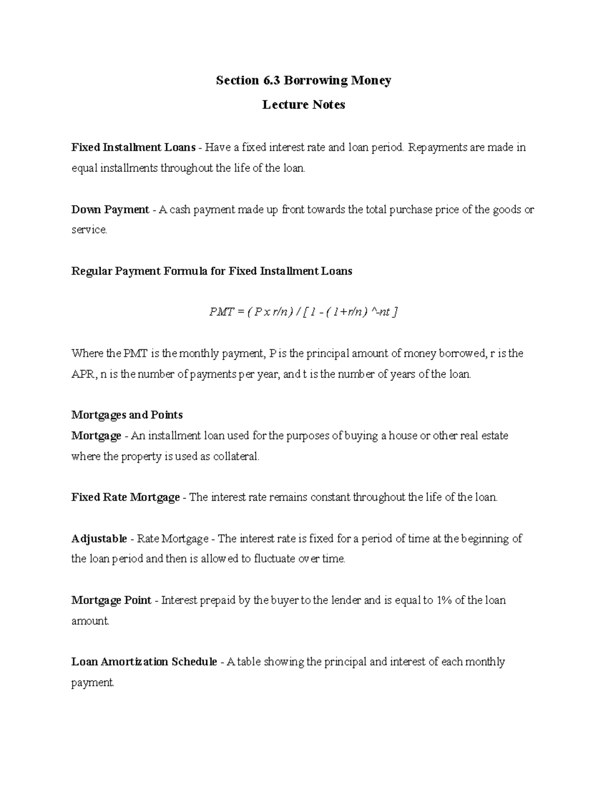 6 3 Borrowing Money Notes Section 6 Borrowing Money Lecture Notes