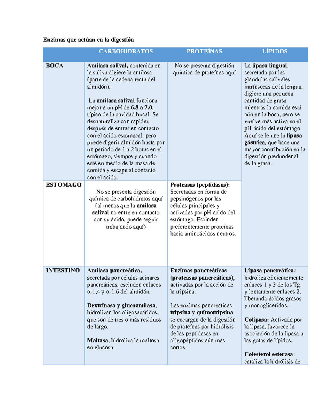 Enzimas cuadro descriptivo - Enzimas que actúan en la digestión ...