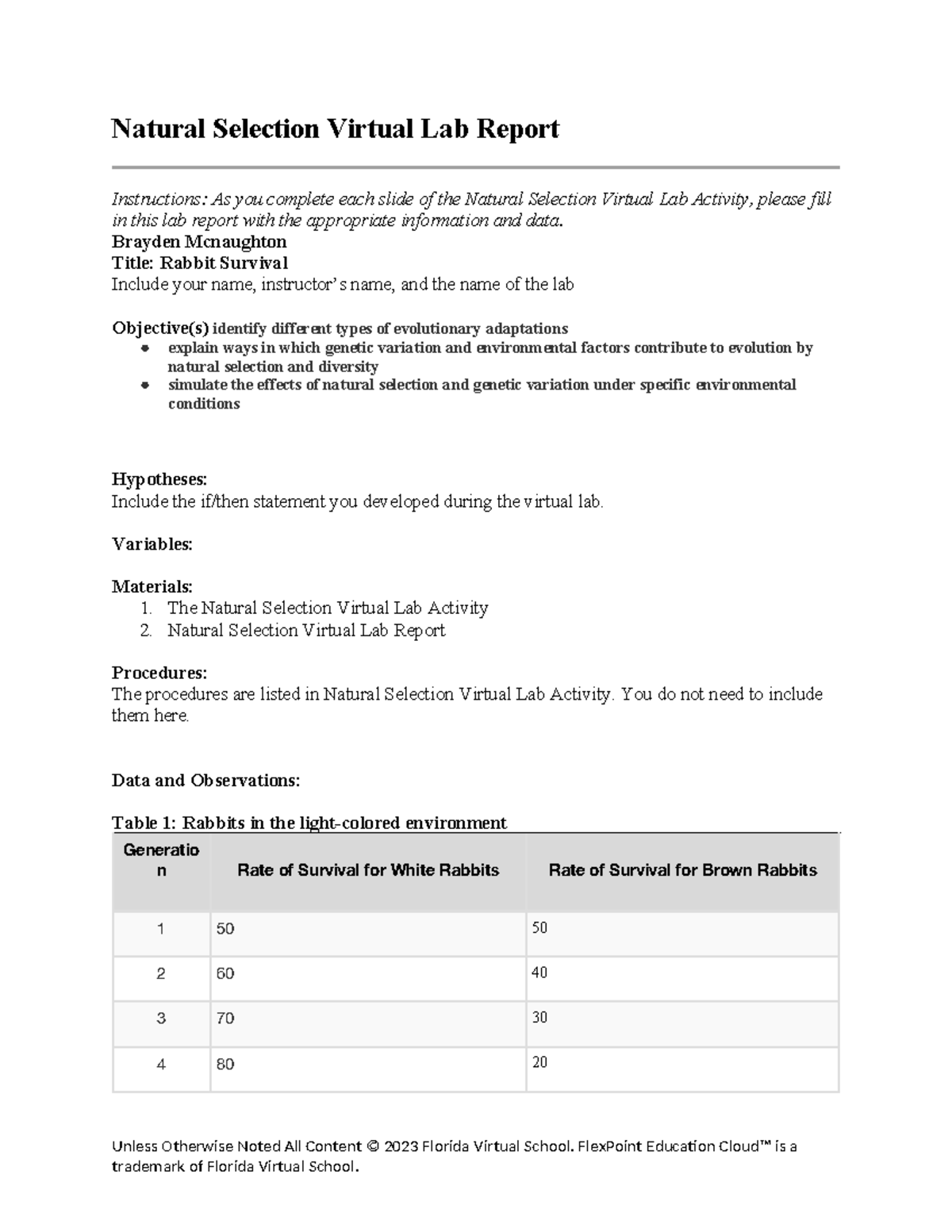 05 02 natural selection lab report - Natural Selection Virtual Lab ...