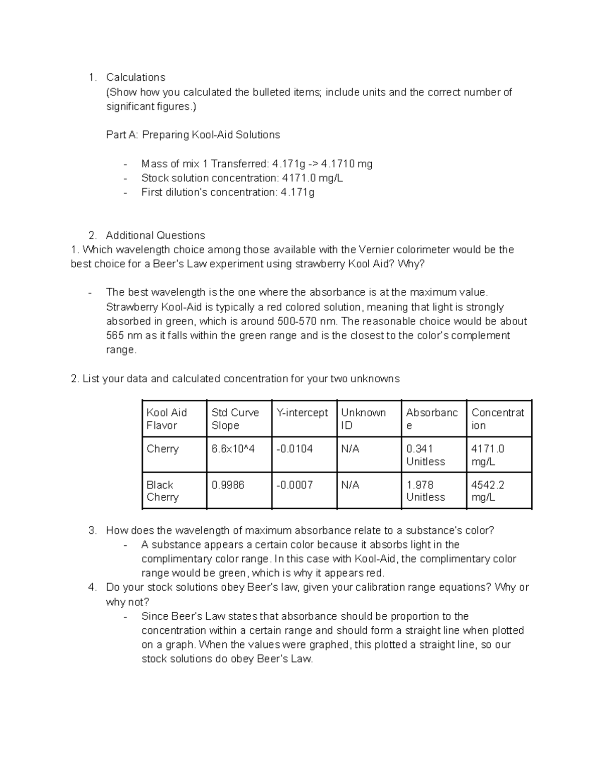 Post lab 3 - post lab for lab 3 - Calculations (Show how you calculated the bulleted items ...