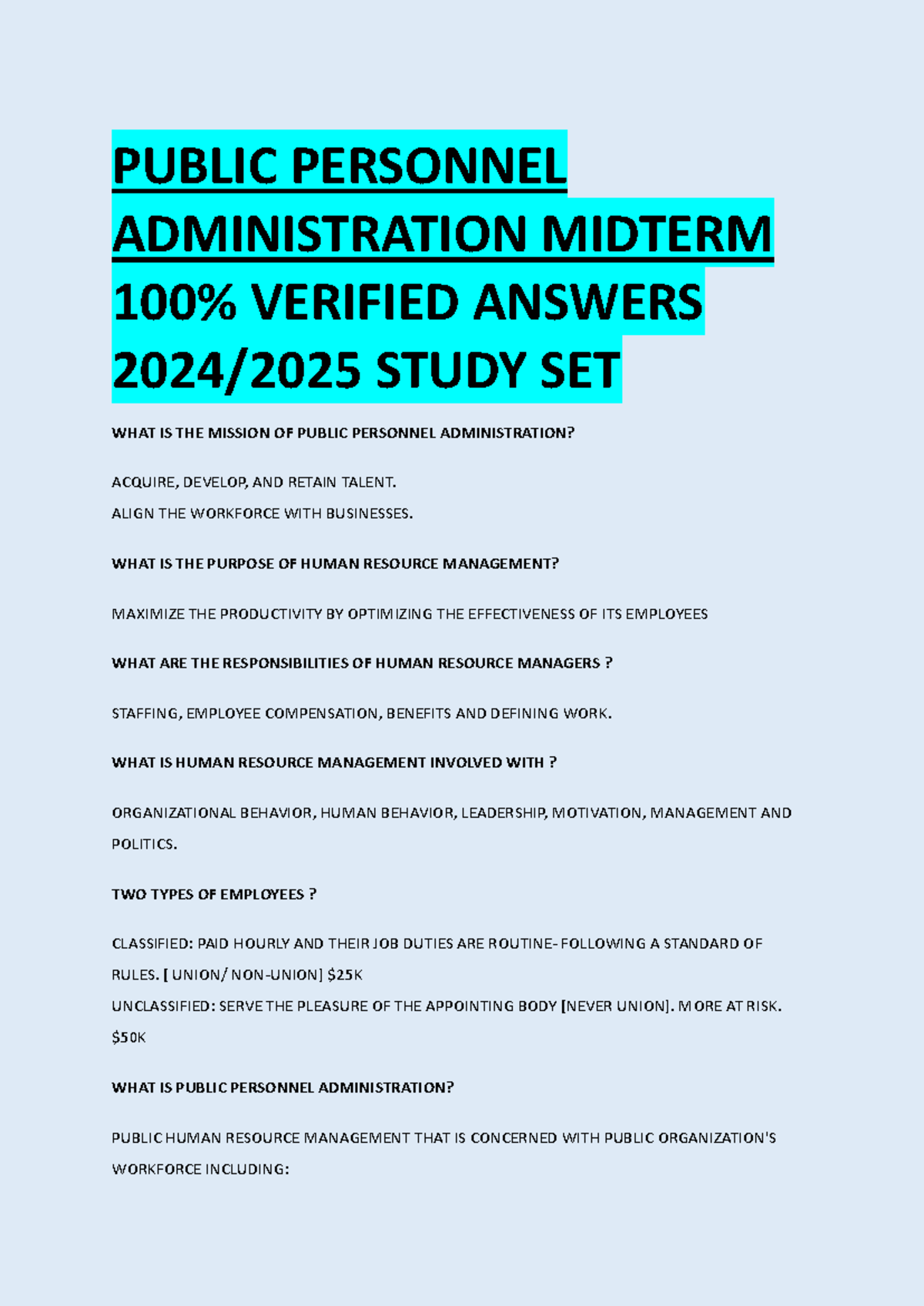 PUBLIC PERSONNEL ADMINISTRATION MIDTERM 100% VERIFIED ANSWERS 2024/2025 ...