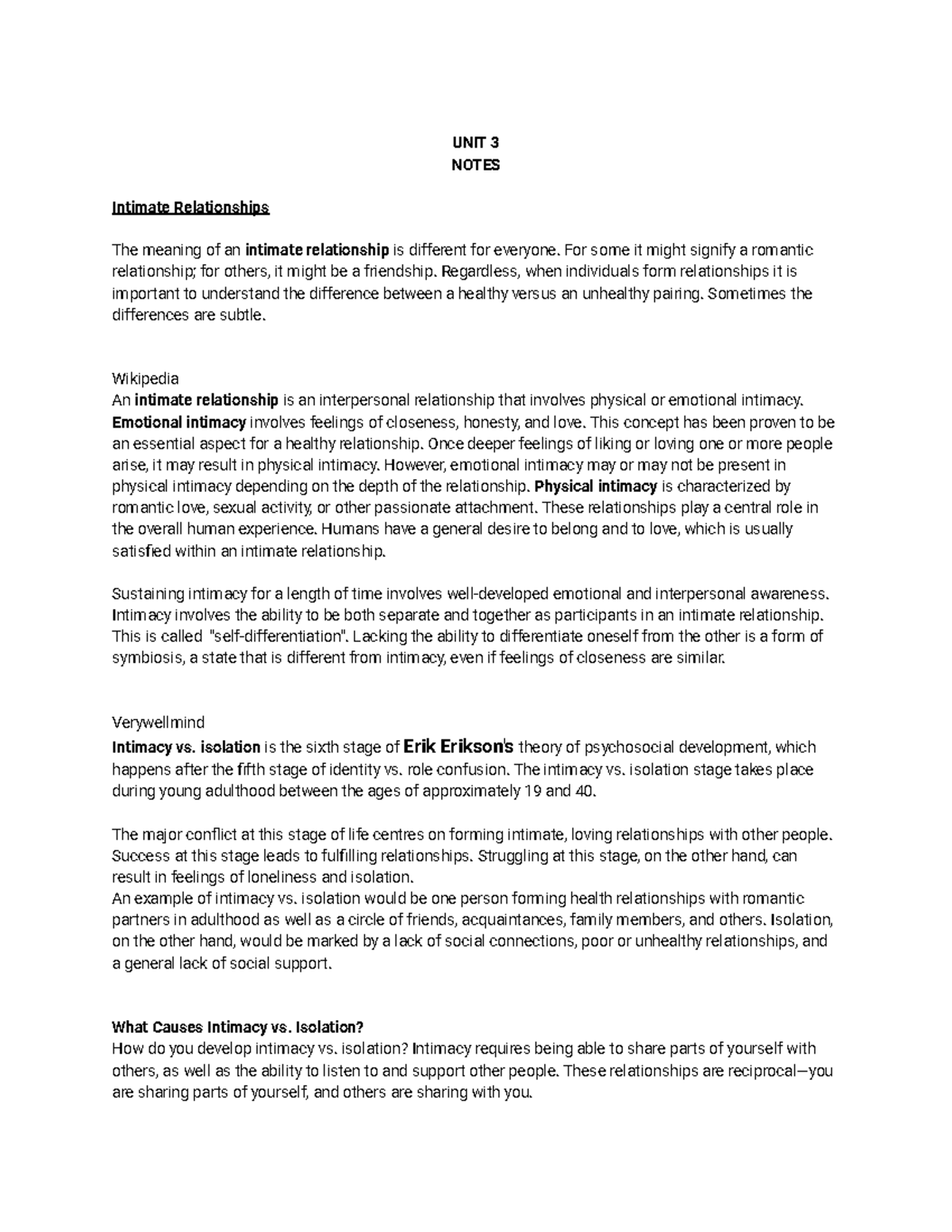 HHS Unit 3 Notes - UNIT 3 NOTES Intimate Relationships The meaning of ...