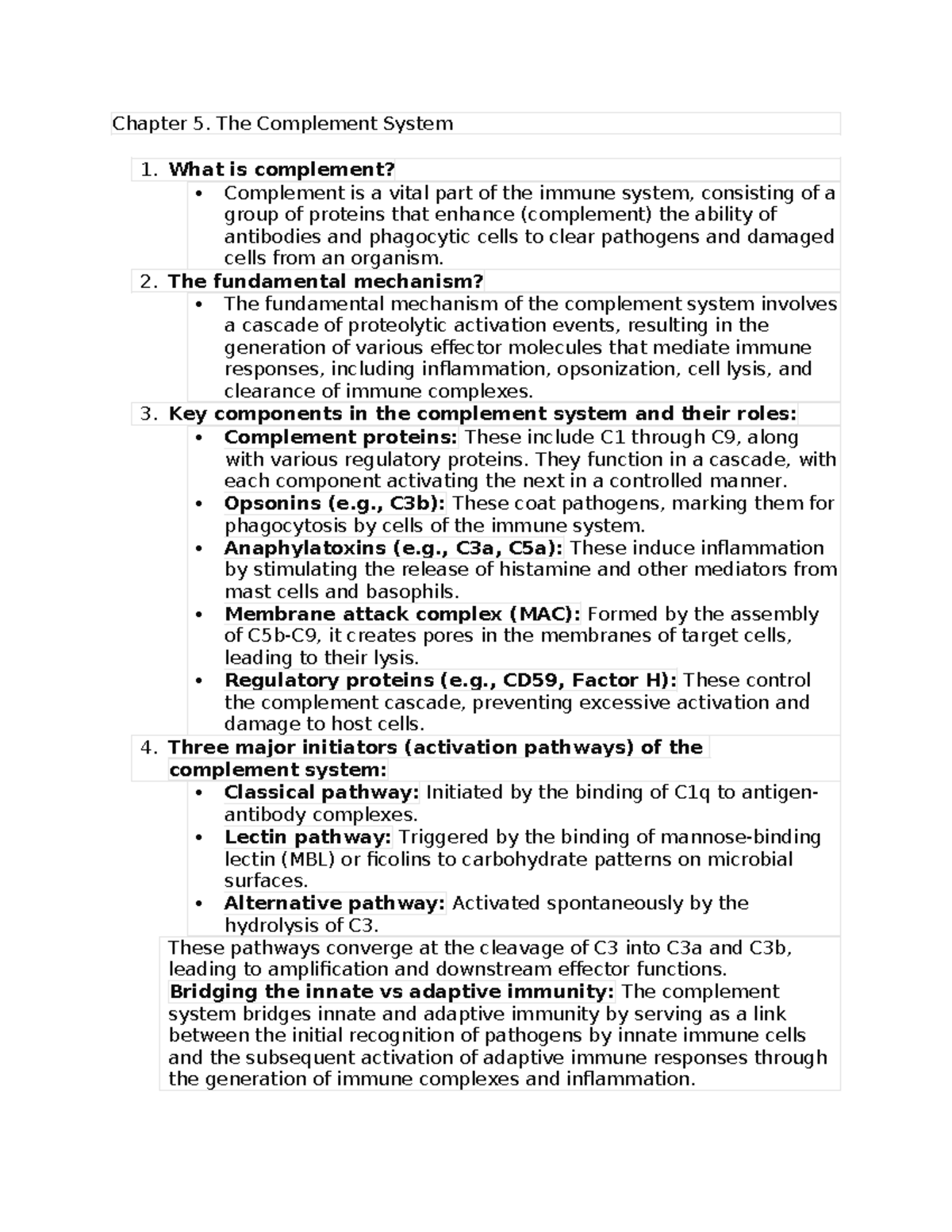 Chapter 5 Notes Final - Chapter 5. The Complement System 1. What is ...