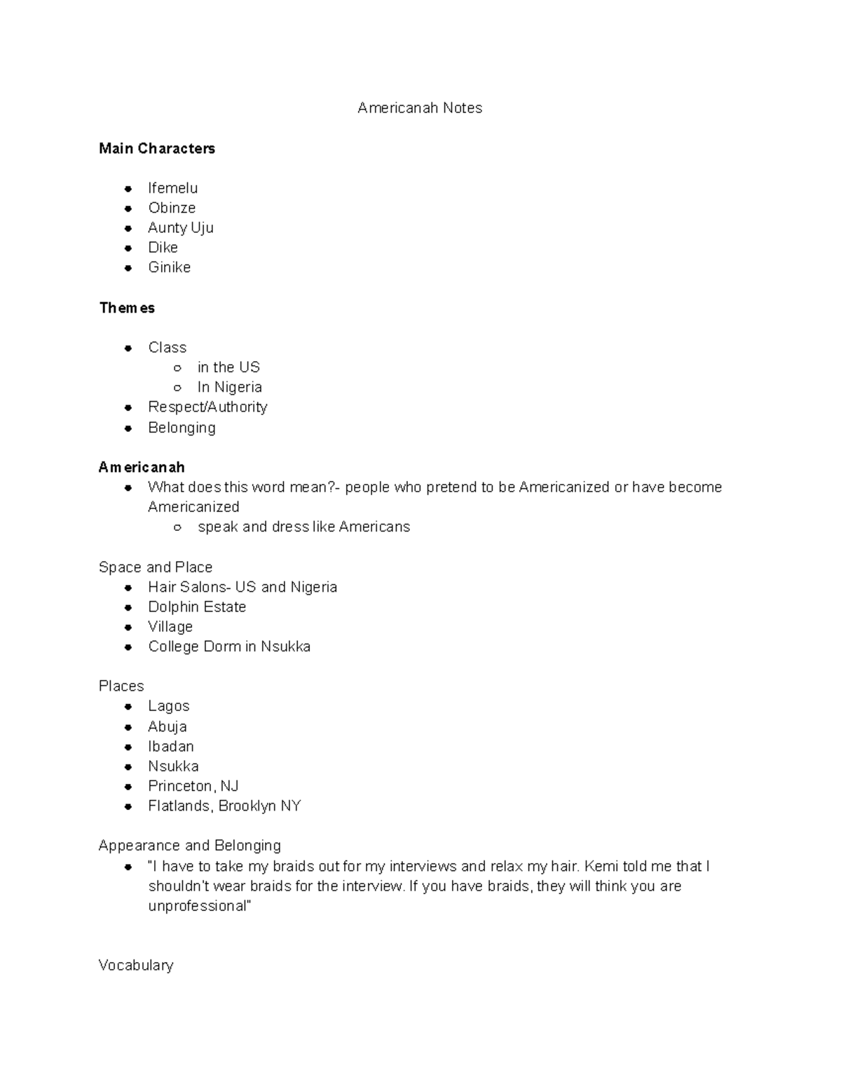 Americanah Notes- ISS 220 - Americanah Notes Main Characters Ifemelu ...