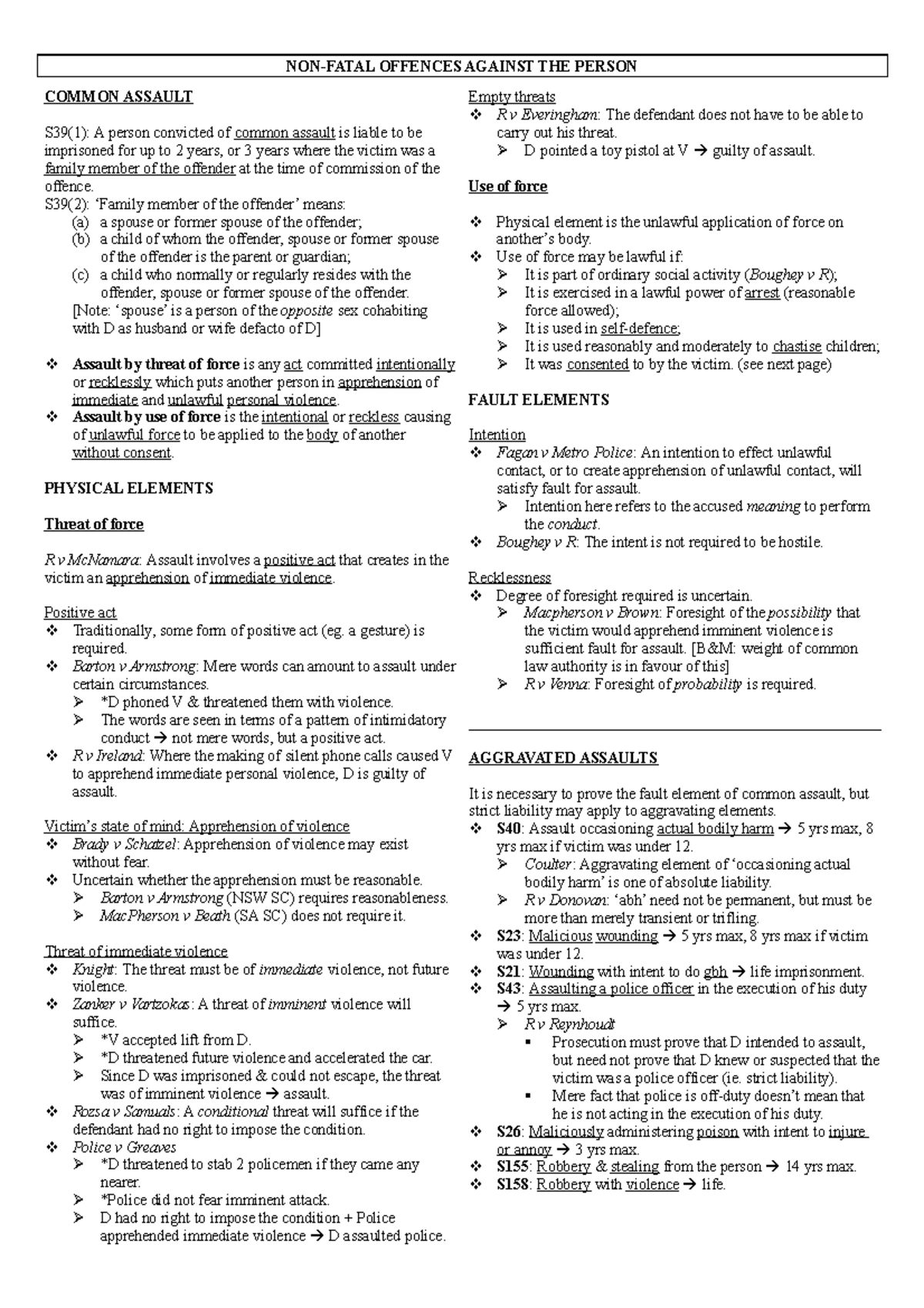 Criminal Law - High level notes from lectures. - NON-FATAL OFFENCES ...