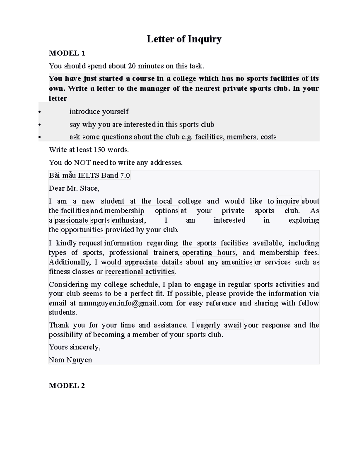 Letter OF Inquiry - Writing VSTEP part 1 - Letter of Inquiry MODEL 1 ...