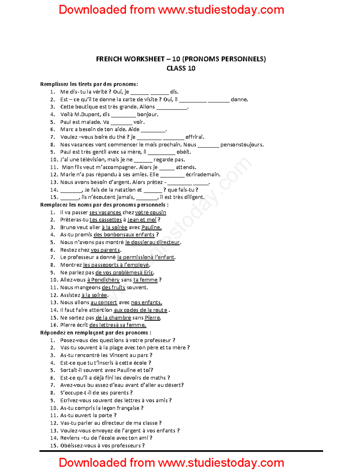 CBSE Class 10 French Assignment- Pronoms Personnels - FRENCH WORKSHEET ...