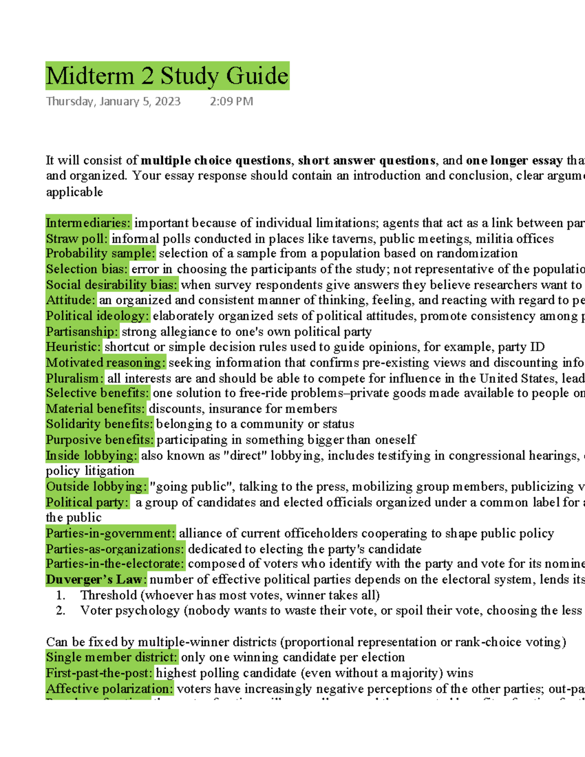 Midterm 2 Study Guide - Professor Chloe Thurston - It will consist of multiple choice questions ...