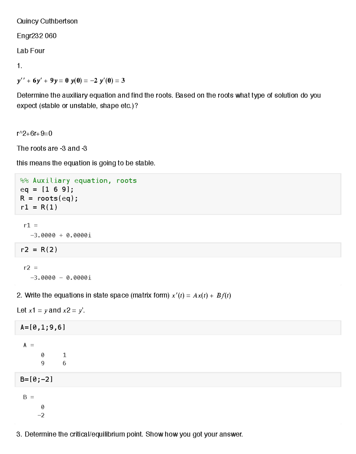 Dynamic Engineering MatLab - 5 - Quincy Cuthbertson Engr232 060 Lab ...