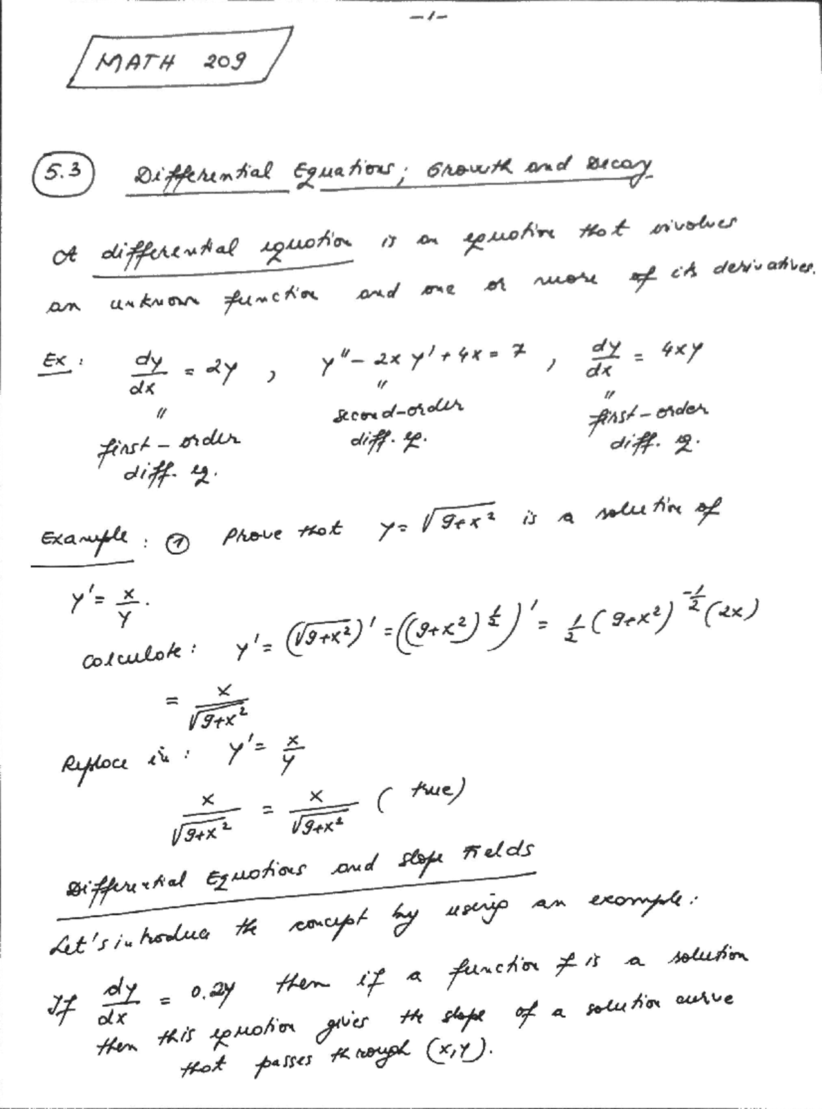 Section 5.3 Differential Equations; Growth and Decay - MATH 209 5 ...