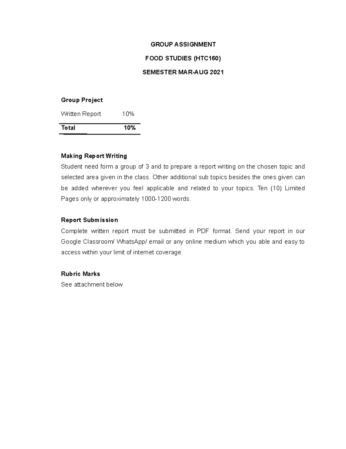 Assignment 1 Guideline & Rubric - GROUP ASSIGNMENT FOOD STUDIES (HTC160 ...