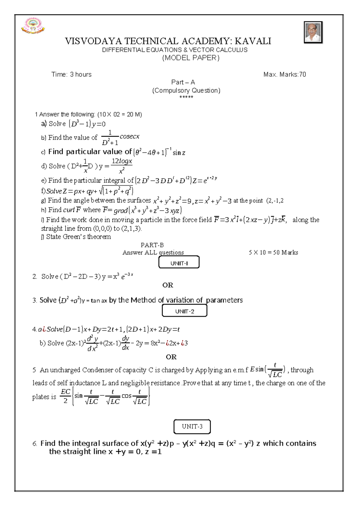 DEVC Model Paper - VISVODAYA TECHNICAL ACADEMY: KAVALI DIFFERENTIAL EQUATIONS & VECTOR CALCULUS ...