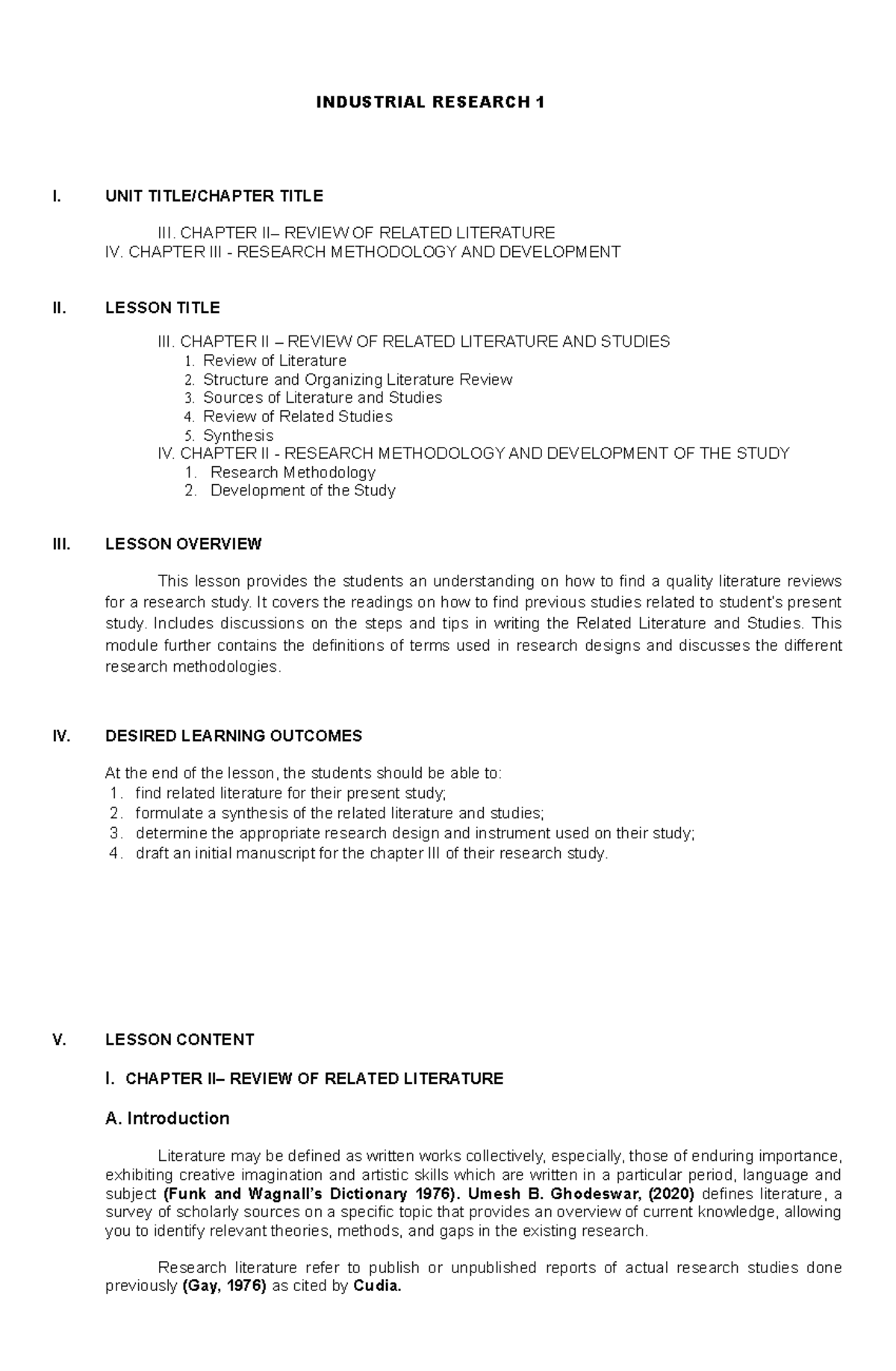 Industrial Research 1 - INDUSTRIAL RESEARCH 1 I. UNIT TITLE/CHAPTER ...
