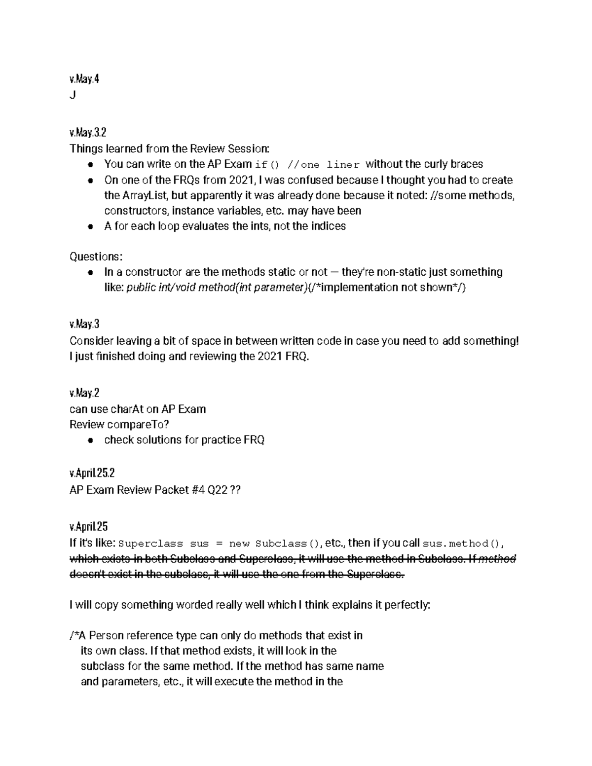 APCSA Notes & Workforce - v. J v.May. Things learned from the Review ...