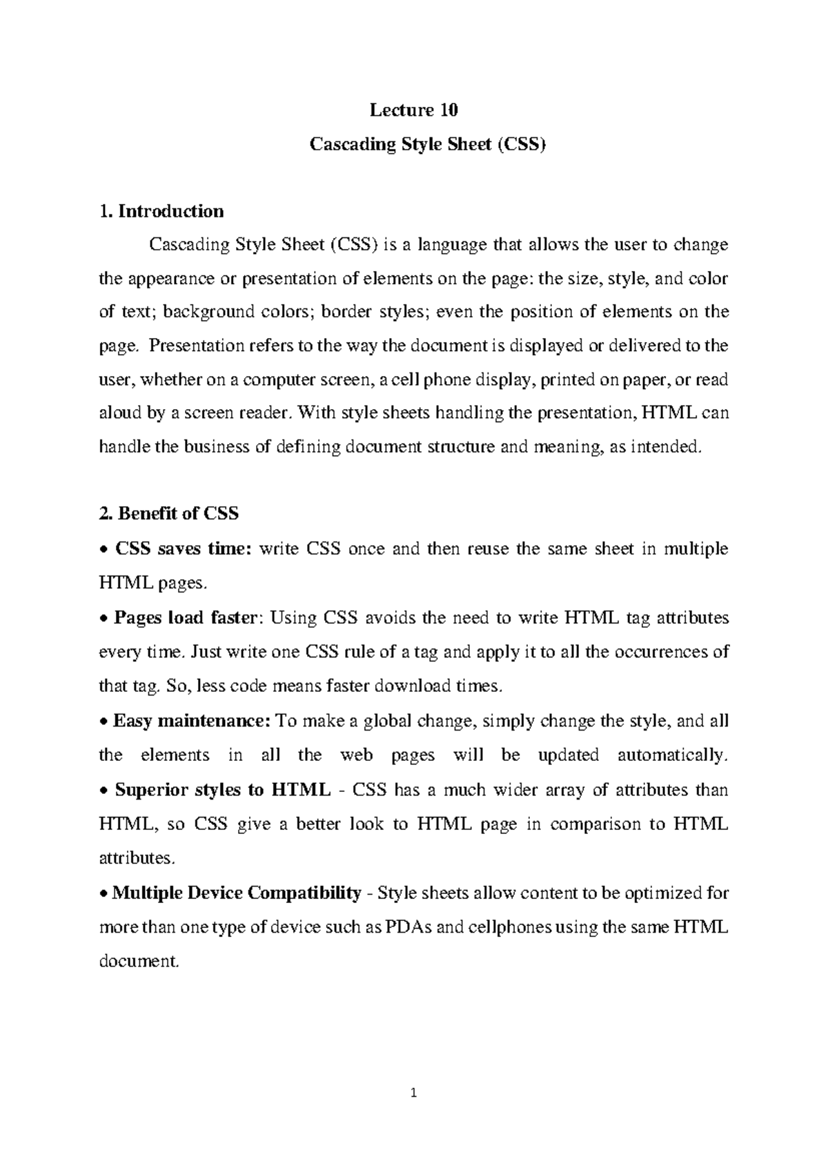 Css Web Development Lecture Notes On Css Lecture 10 Cascading Style Sheet Css Introduction 