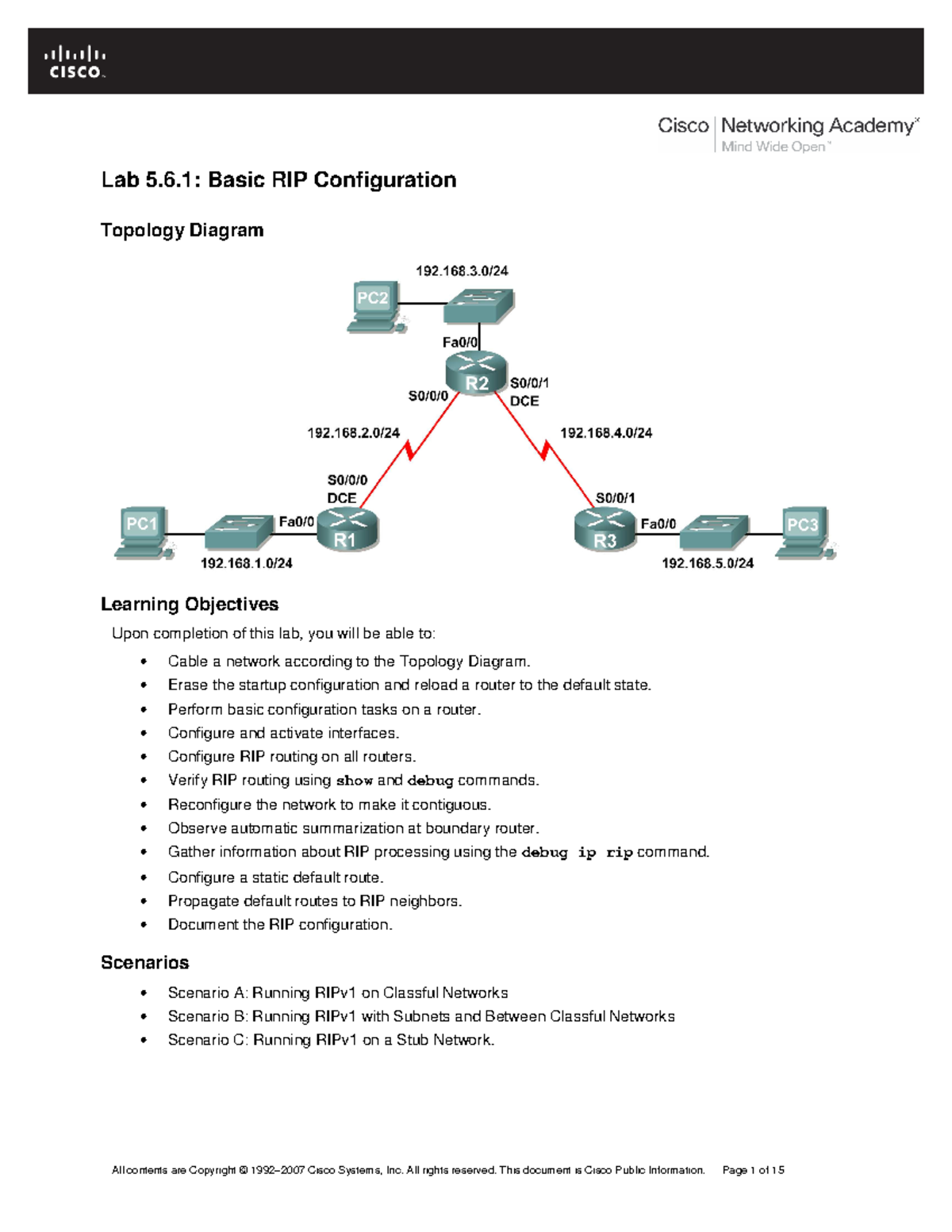 RIPv1 - practice for networking students. - Lab 5.6: Basic RIP Configuration Topology Diagram ...
