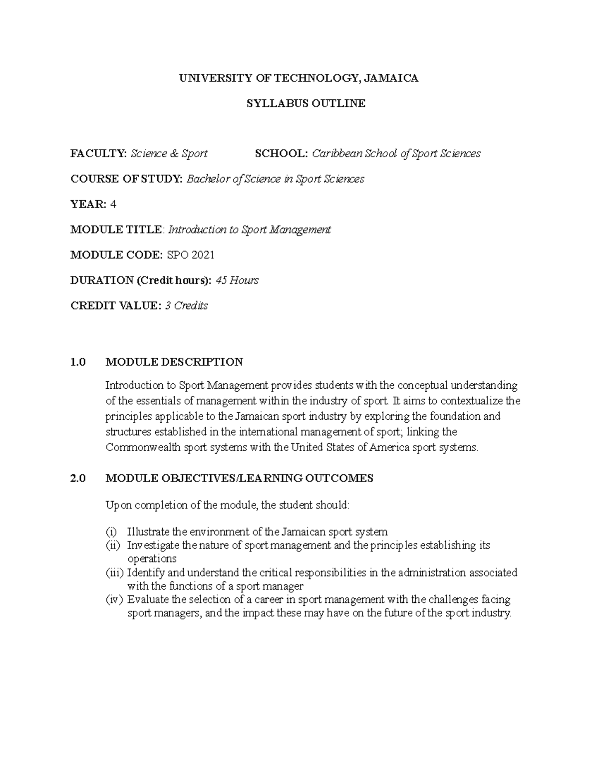 Intro to sport management syllabus - UNIVERSITY OF TECHNOLOGY, JAMAICA ...