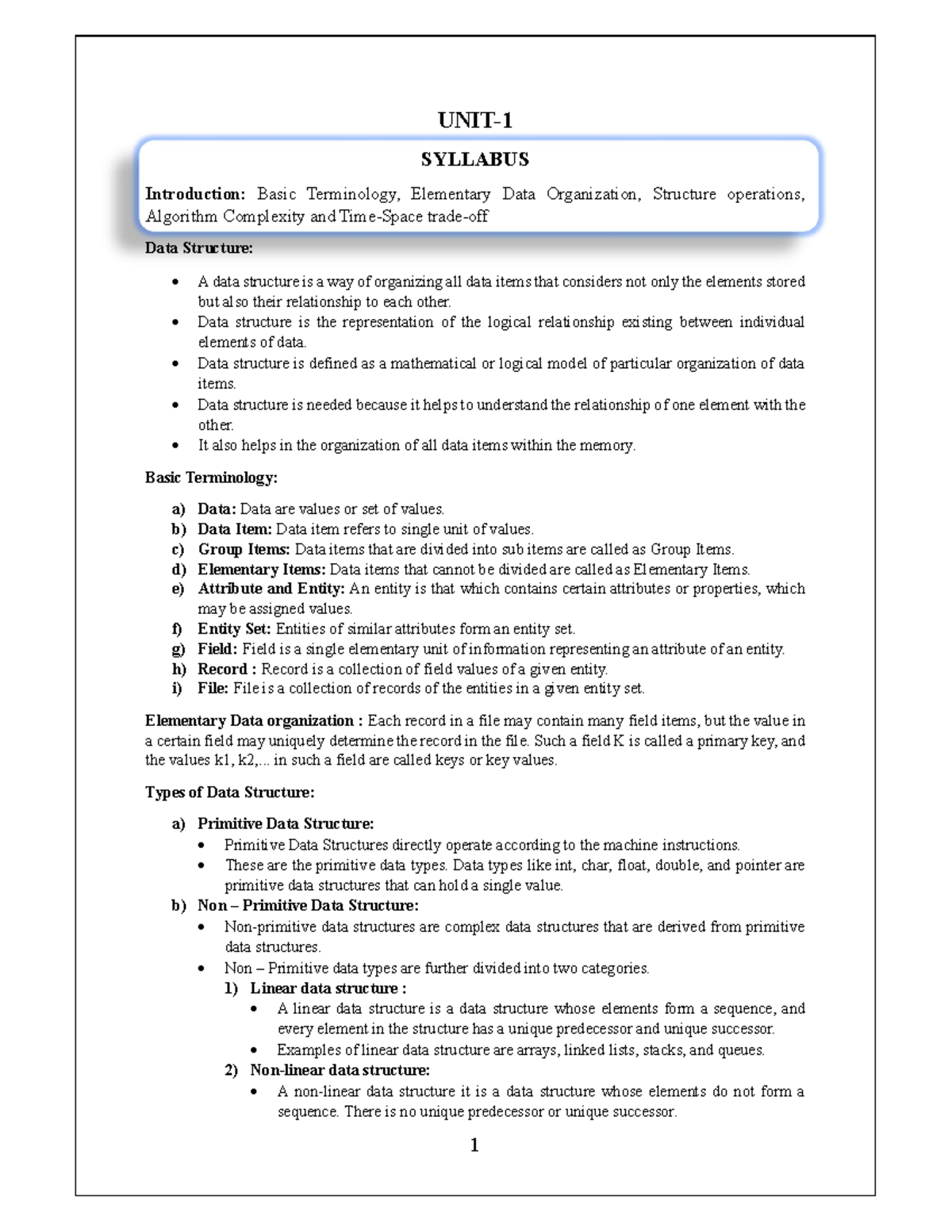 DS Unit1 Introduction - UNIT- SYLLABUS Introduction: Basic Terminology ...