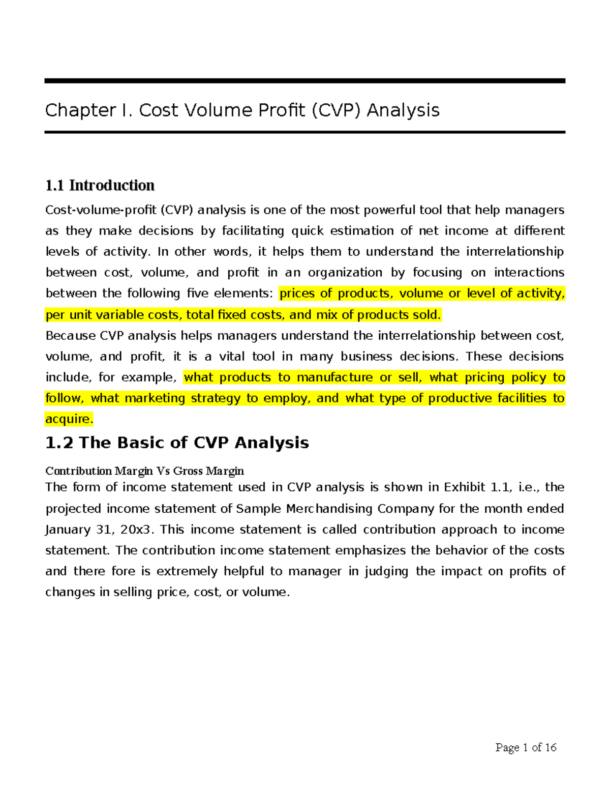 CVP-Re-Rev - Chapter I. Cost Volume Profit (CVP) Analysis 1 Introduction 1 Introduction - Studocu