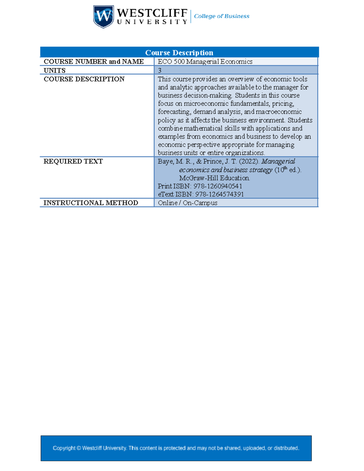 ECO500 Syllabus Baye10E - Copyright © Westcliff University. This content is protected and may ...