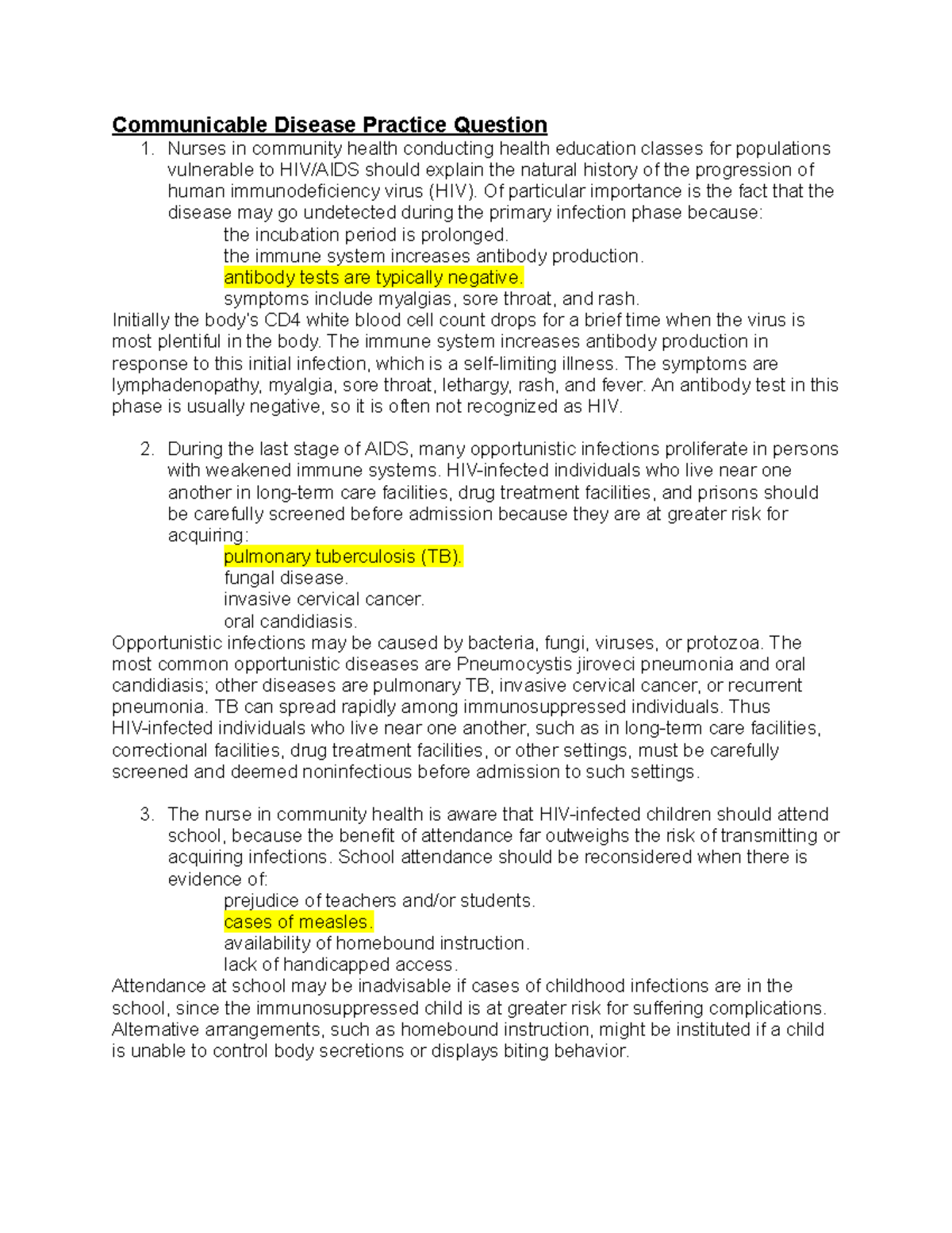 Communicable Disease Practice Question - Communicable Disease Practice ...