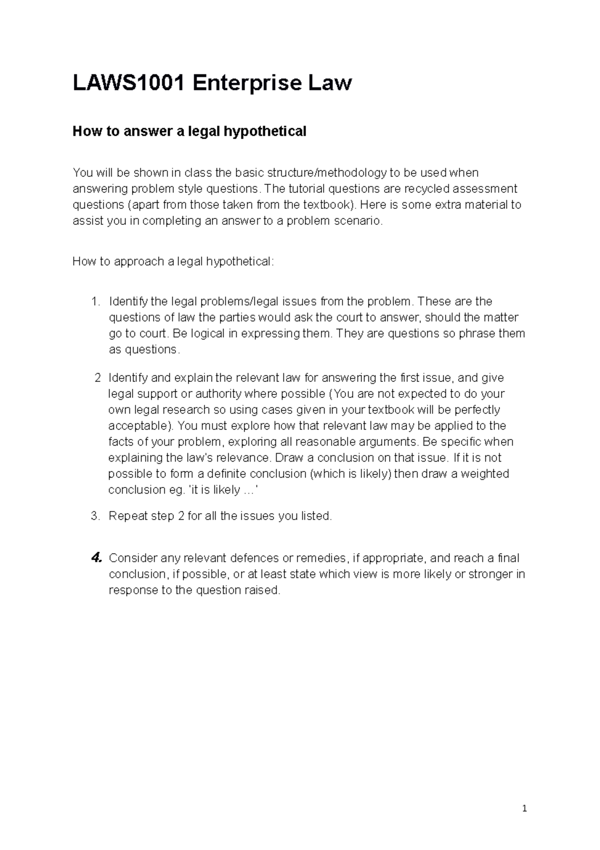 How to answer a Law problem - LAWS1001 Enterprise Law How to answer a ...