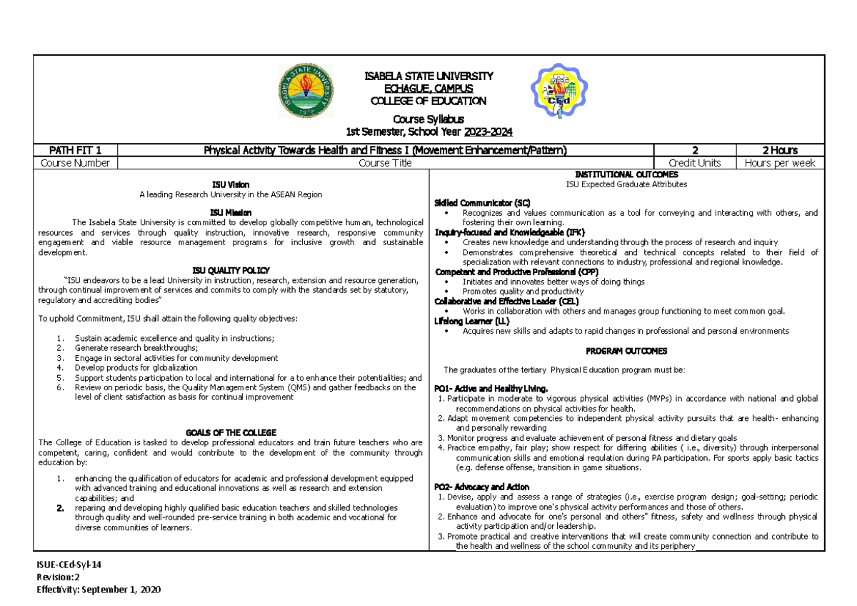 PATH FIT 1 Final Syllabus - ISABELA STATE UNIVERSITY ECHAGUE, CAMPUS ...