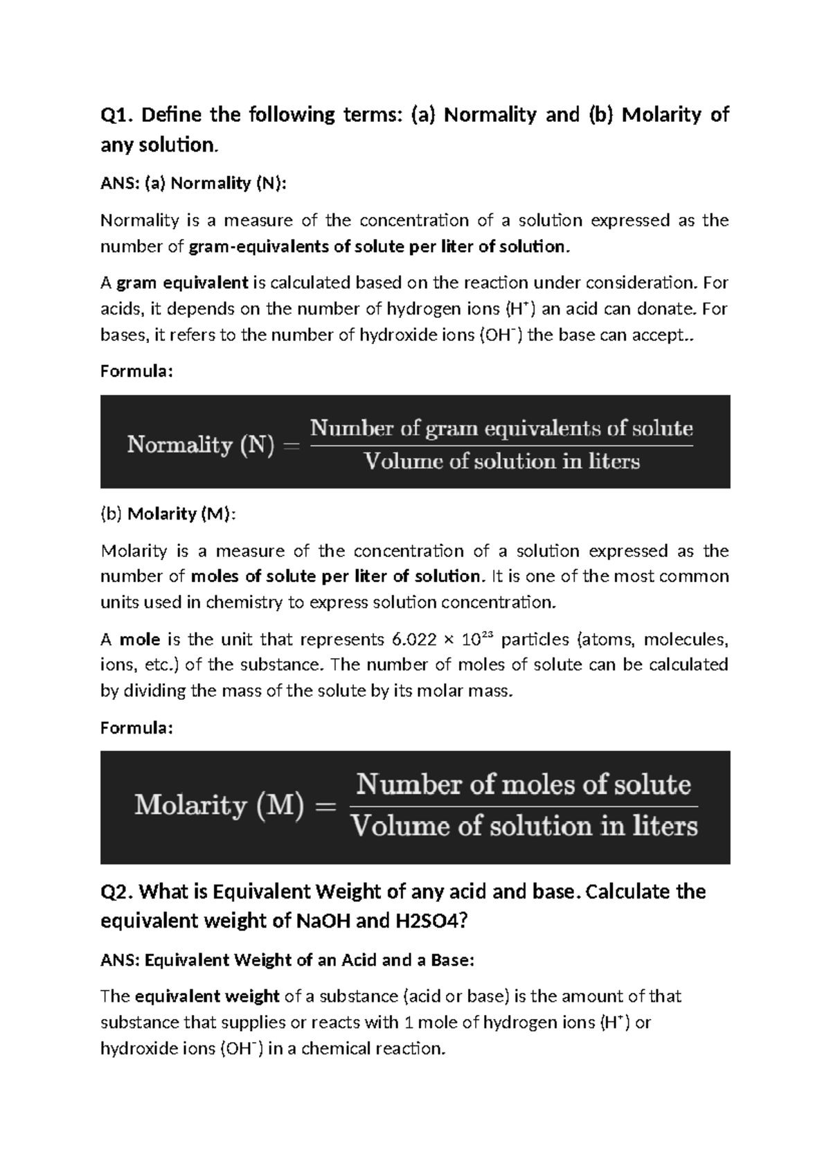 Assignment moksha chem - Q1. Define the following terms: (a) Normality ...