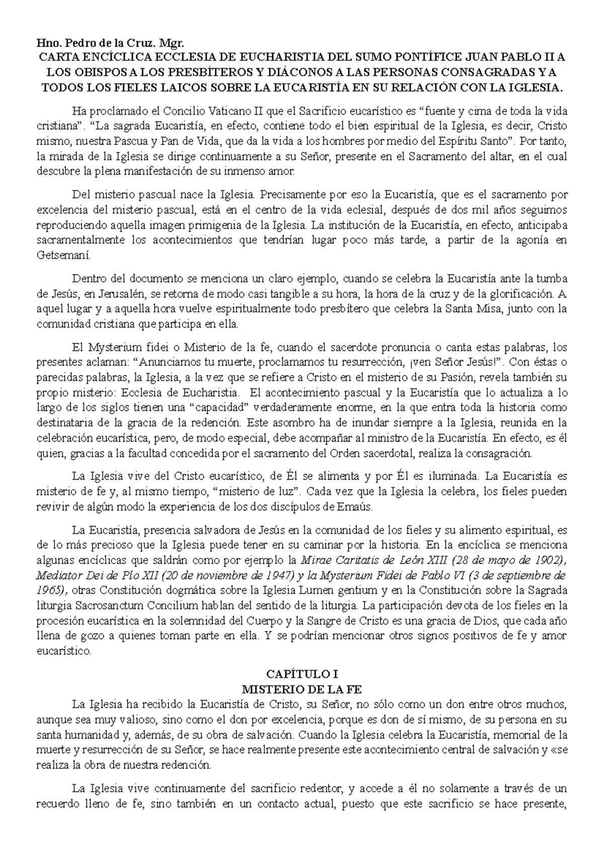 Carta Encíclica Ecclesia DE Eucharistia - CARTA ENCÍCLICA ECCLESIA DE ...