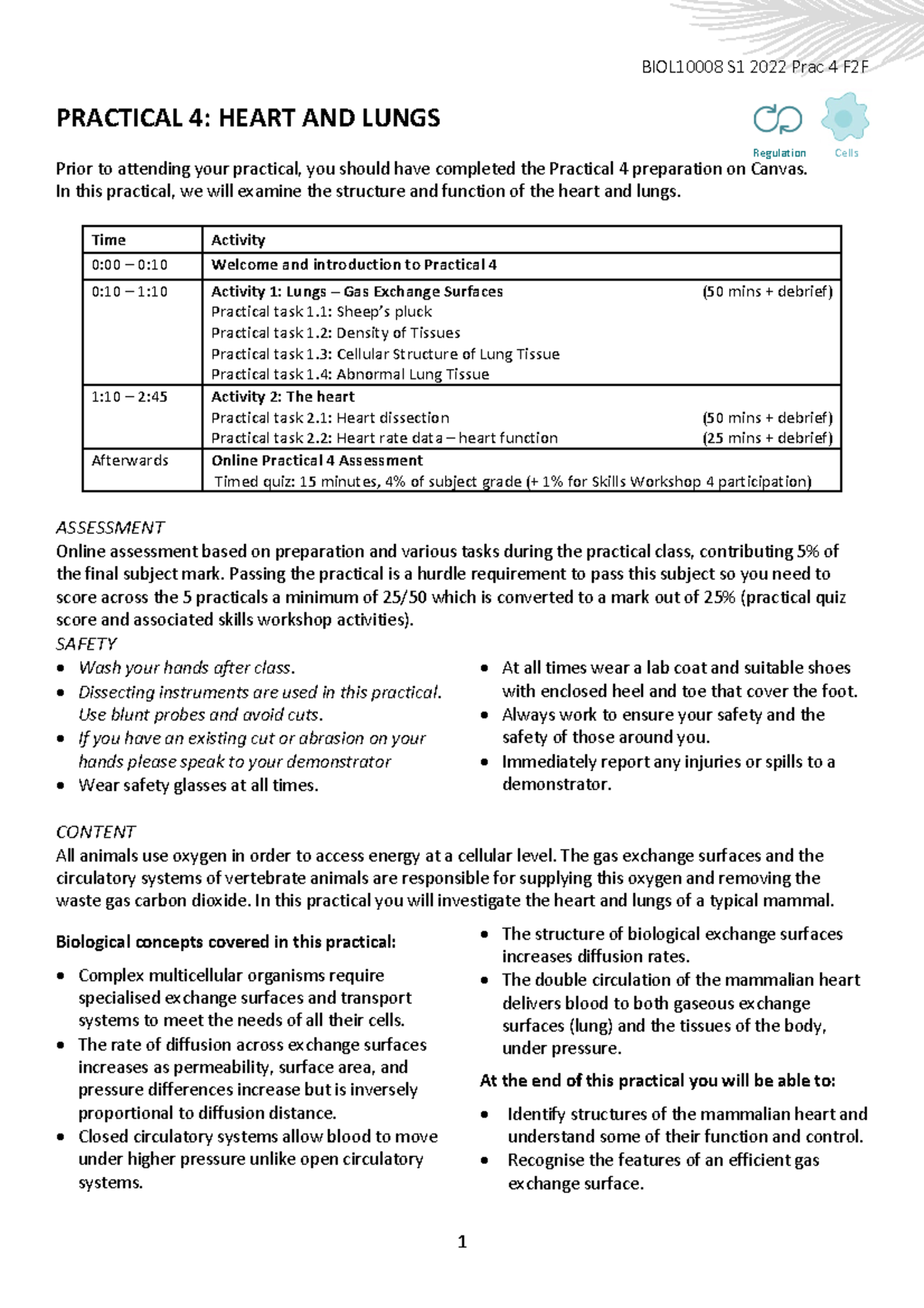 2022 BIOL10008 S1 Practical 4 Student Notes: Heart and Lungs ...