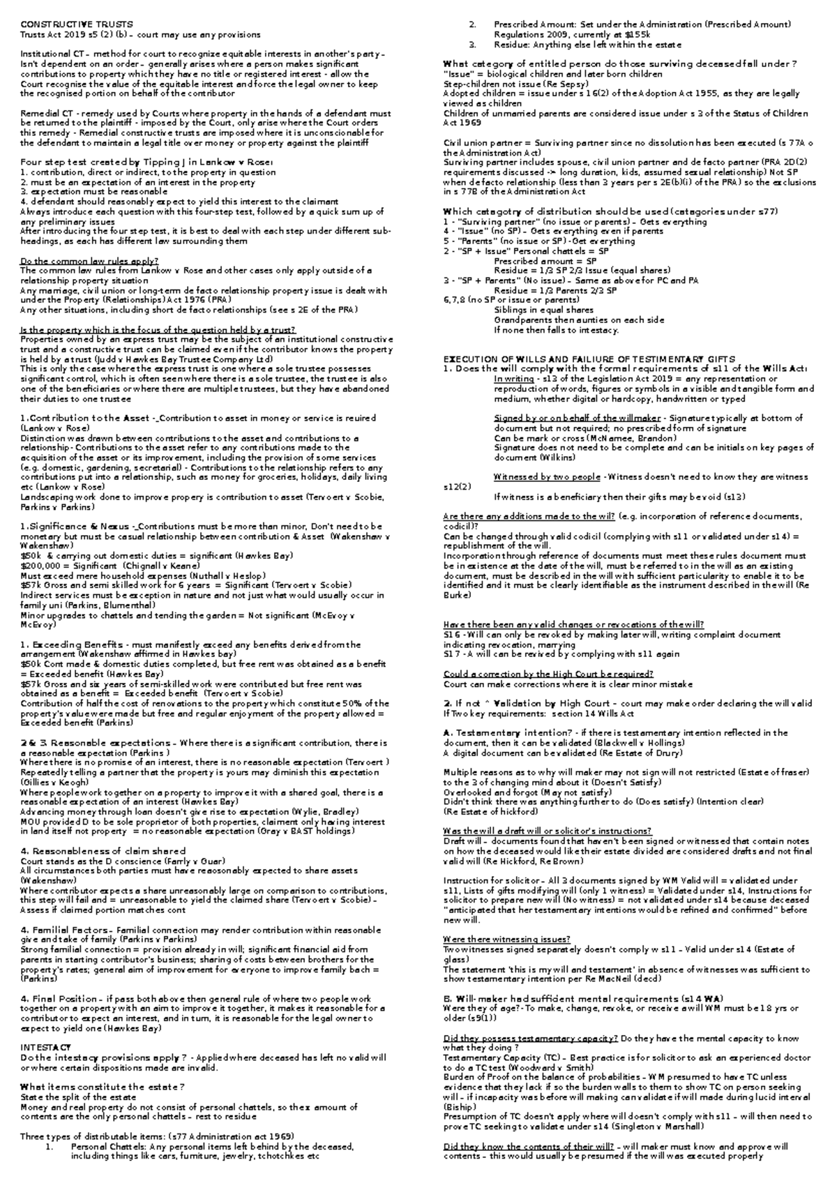 Equity Cheat Sheet - CONSTRUCTIVE TRUSTS Trusts Act 2019 s5 (2) (b ...