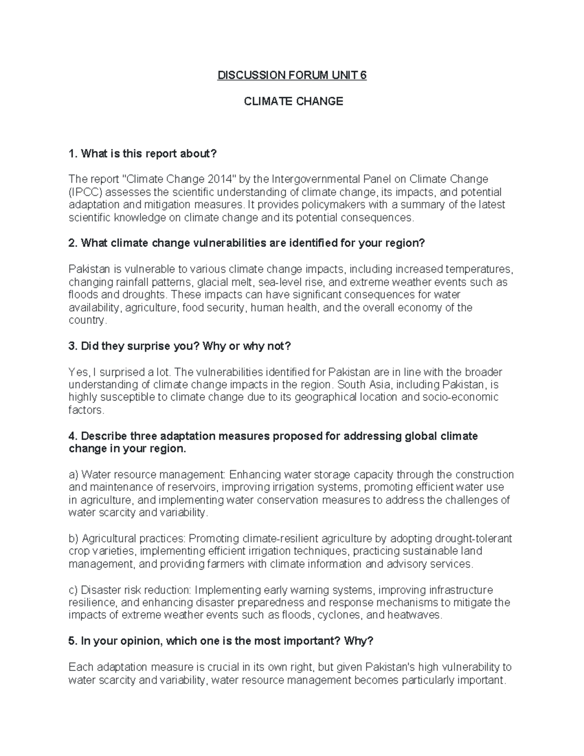 Discussion UNIT 6 - Climate Change - DISCUSSION FORUM UNIT 6 CLIMATE ...
