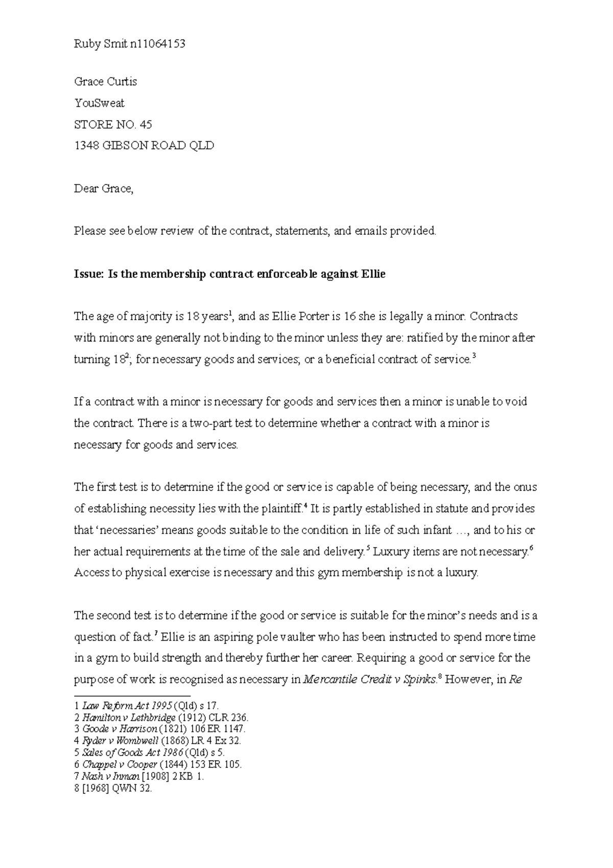 Memorandum - Assignment - Grace Curtis YouSweat STORE NO. 45 1348 ...