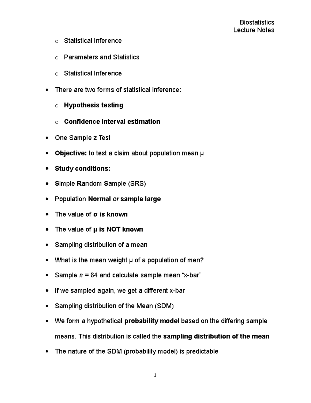 2021 Biostatistics Lecture Notes Hypothesis Testing 9b Lecture Notes O Statistical Inference