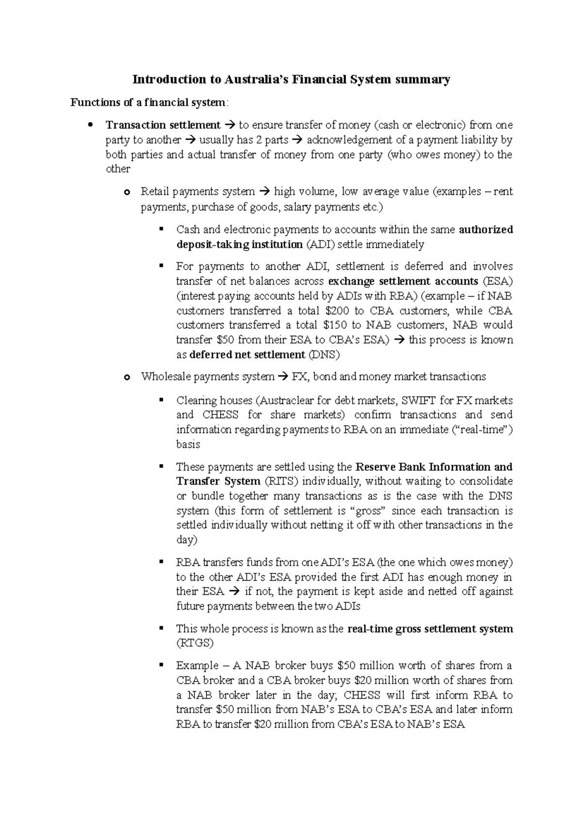 Topic 1 summary - Introduction to Australia’s Financial System summary ...